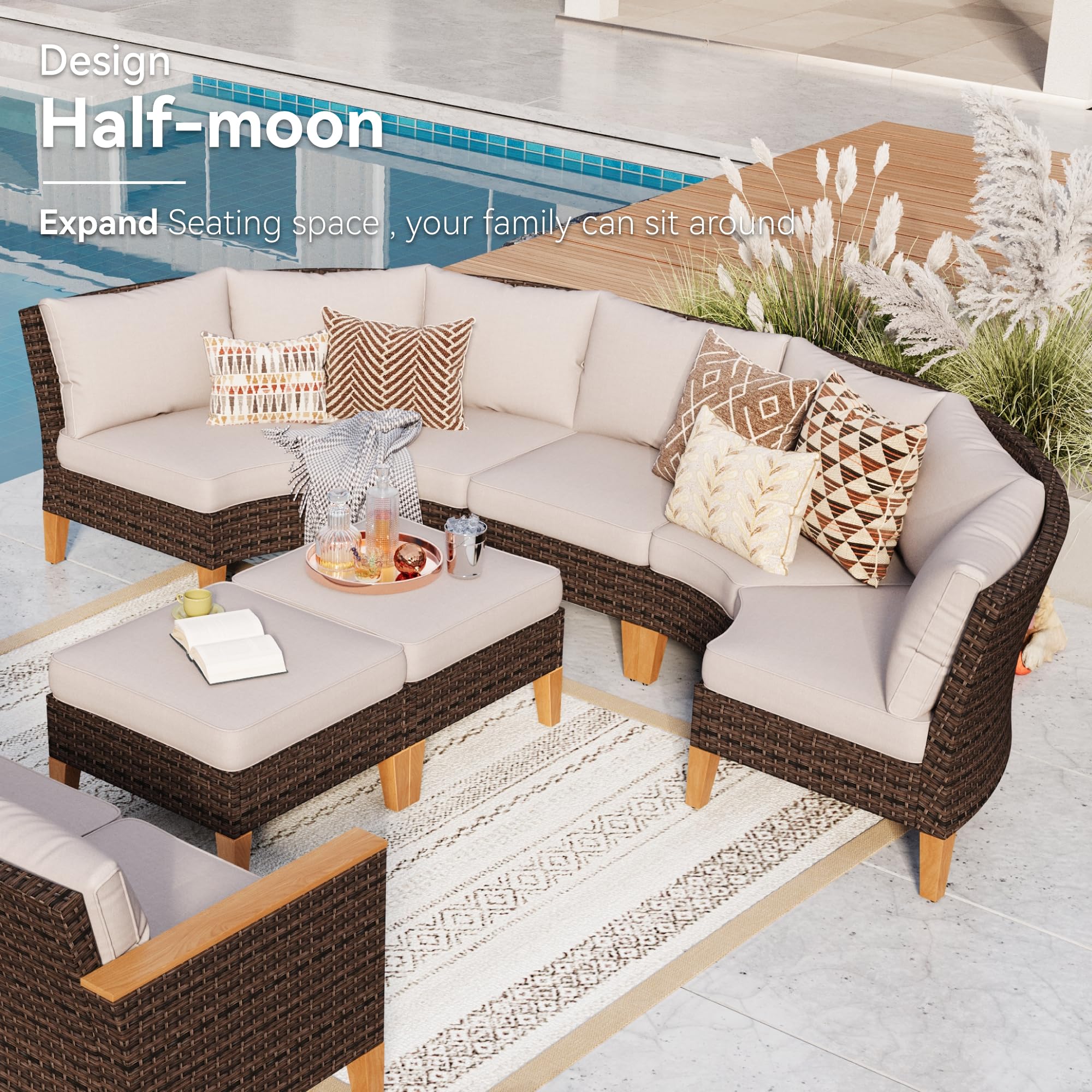 GREEN PARTY 7 Pieces Wicker Patio Furniture Set with 56" Fire Pit Table, All-Weather Outdoor Rattan Patio Half-Moon Curved Sectional Sofa Conversation Set for Garden, Backyard