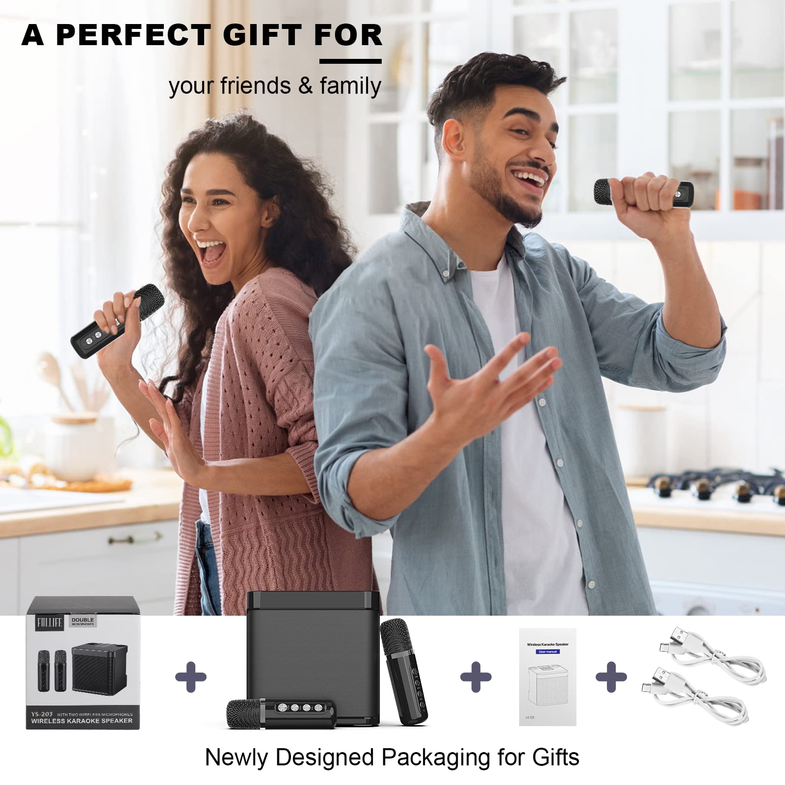Karaoke Machine with 2 UHF Wireless Microphones for Adults/Kids, WZJP Portable Karaoke Bluetooth PA Speaker System with Echo, Vocal Cut, for Parties