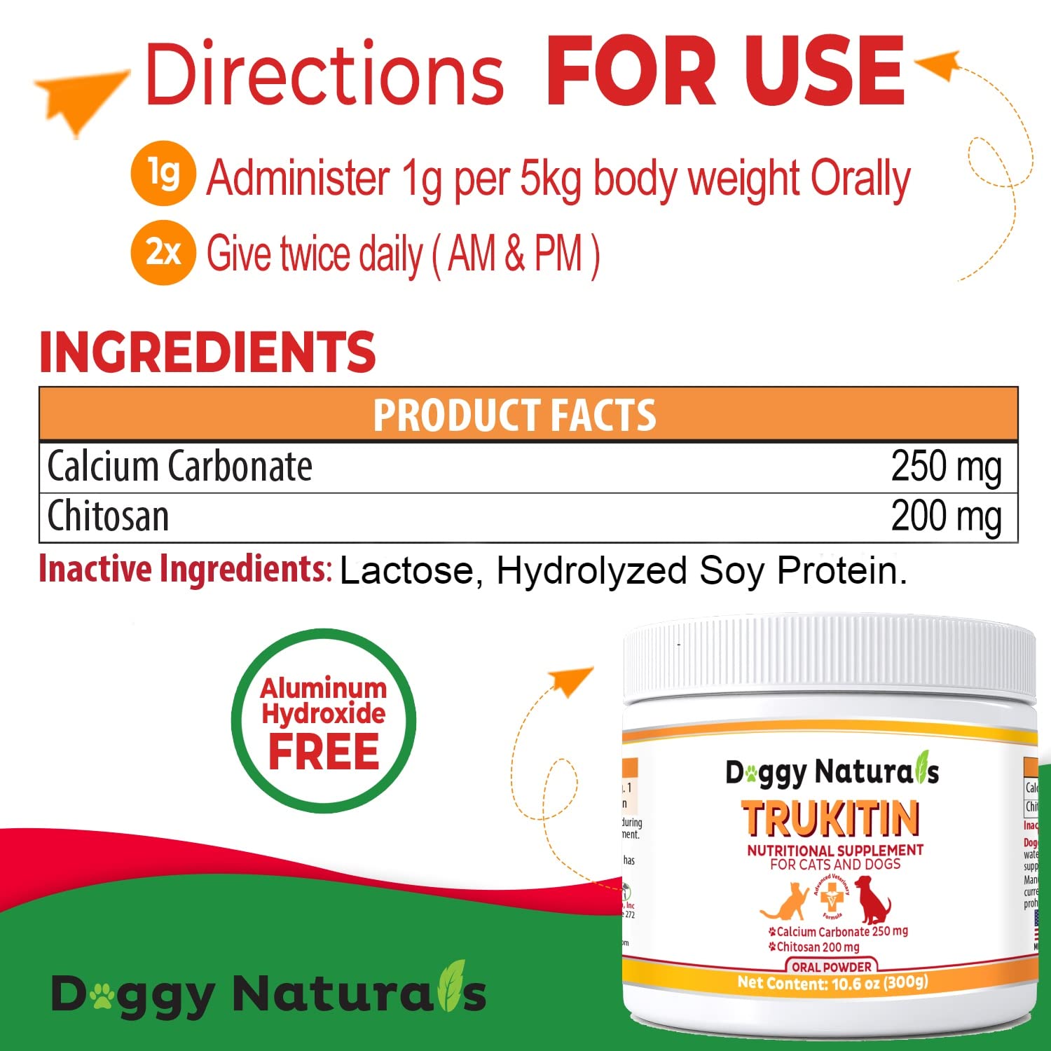 Trukitin Chitosin Based Phosphate Binder for Cats & Dogs β All Natural Human Grade Ingredients for Renal Support Supplement with Calcium Carbonate Oral Powder (Made in U.S.A)