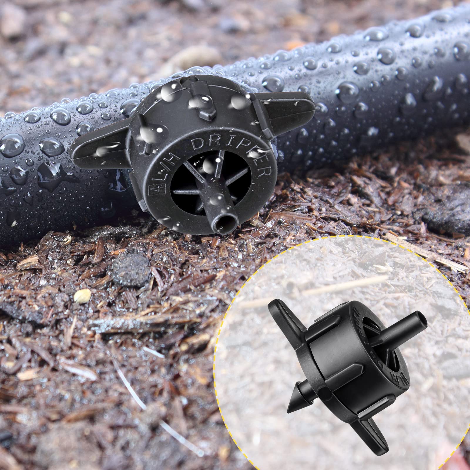 Leelosp 150 Pcs Irrigation Drippers Pressure Compensating Drip Emitters Adjustable Drip Irrigation Emitters Pressure Compensating Drippers for Garden Lawn Drip Irrigation Connectors (Black, 4L/H)