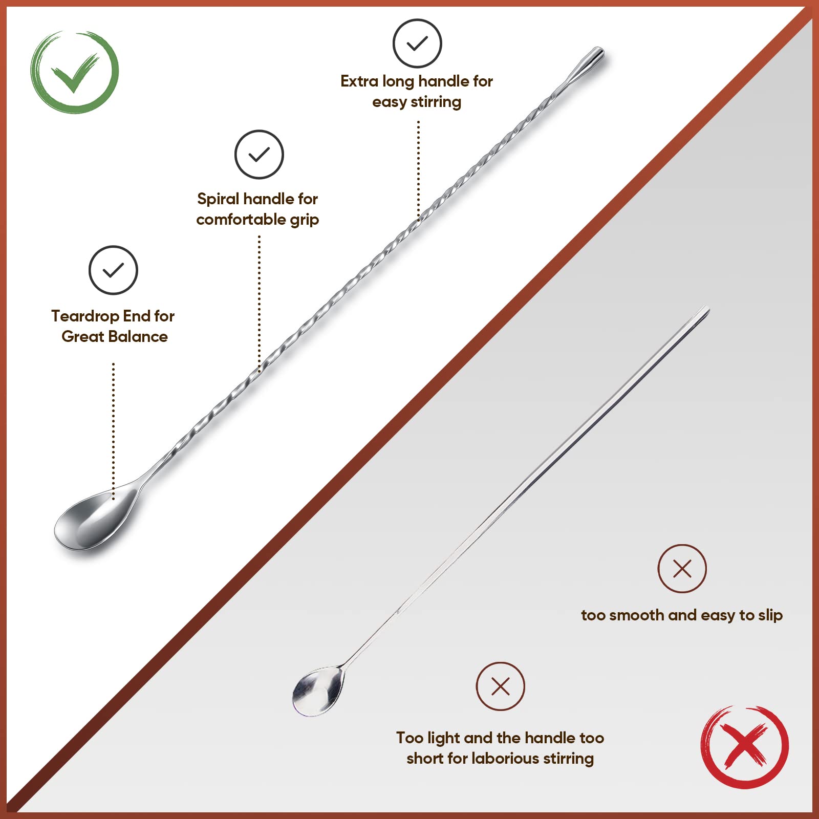 Roshtia 4 Pcs 15.7 Inches Bar Spoon Stainless Steel Cocktail Stirrer Mixing Spoon Spiral Pattern Bar Spoon for Cocktail Shaker Tall Cups