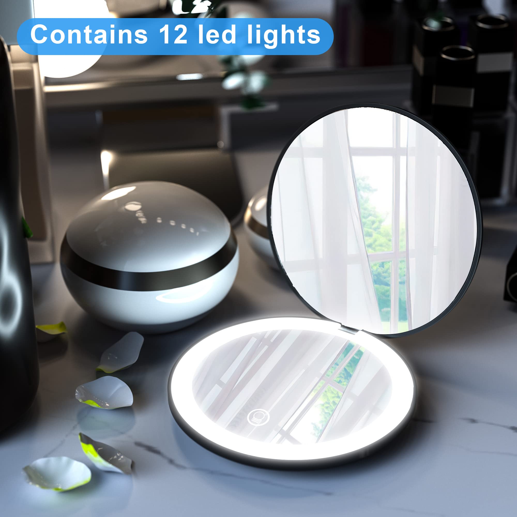 Hensam Touch Dimmable Pocket Mirror,1X/10X Magnification, LED Lighted Compact Mirror,Rechargable,2-Sided,Handheld,Travel Makeup Mirror,3.5in,Black
