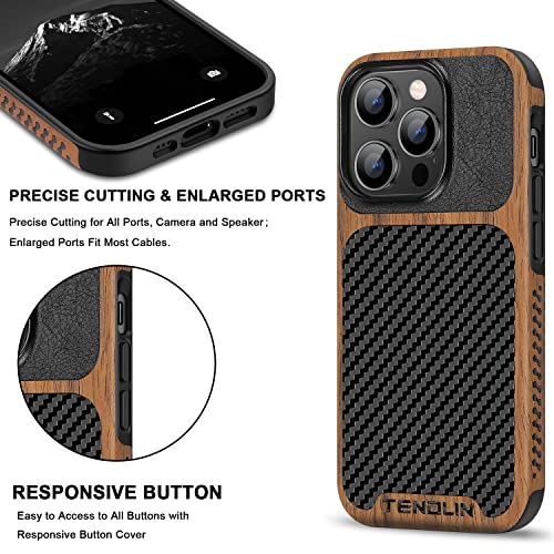 TENDLIN Compatible with iPhone 14 Pro Max Case Wood Grain with Carbon Fiber Texture Design Leather Hybrid Slim Case Black