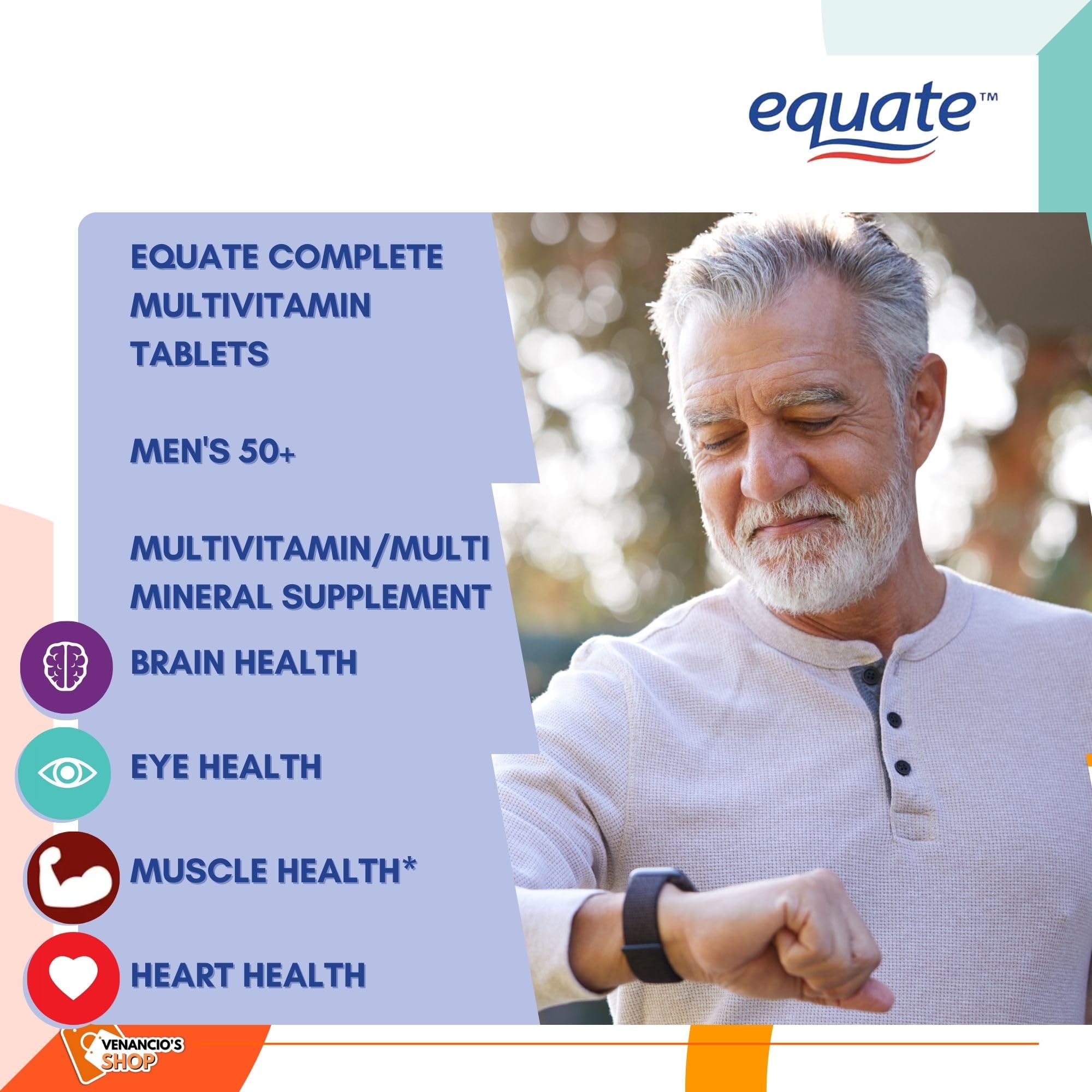 Equate Complete Multivitamin Multimineral Supplement Tablets (Compare to Centrum Silver Men 50+) + Includes Venanciosfridge Sticker (Mens 50+ | 100 Pills)