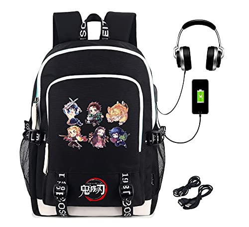 Roffatide Anime Demon Slayer Printed Backpack Schoolbag Laptop Rucksack Fit 15.6 Inch with USB Charging Port & Headphone Port Black