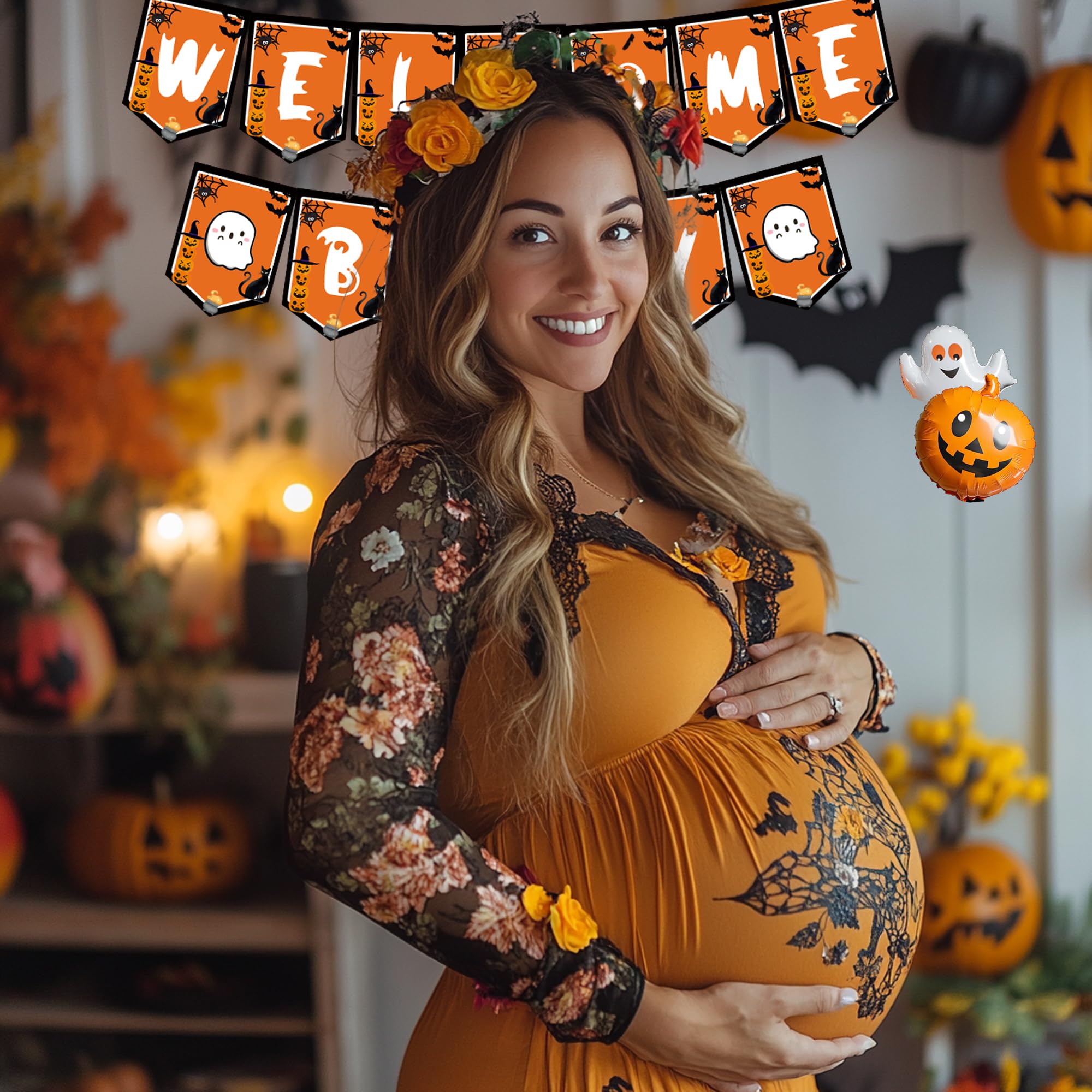Our Little Boo is on the Way Baby Shower Decorations,Halloween Baby Shower Decorations for Boy Kit Backdrop Backdrop Banner Cake Cupcake Topper Tablecloth Spider Web for Baby Boy Shower Halloween