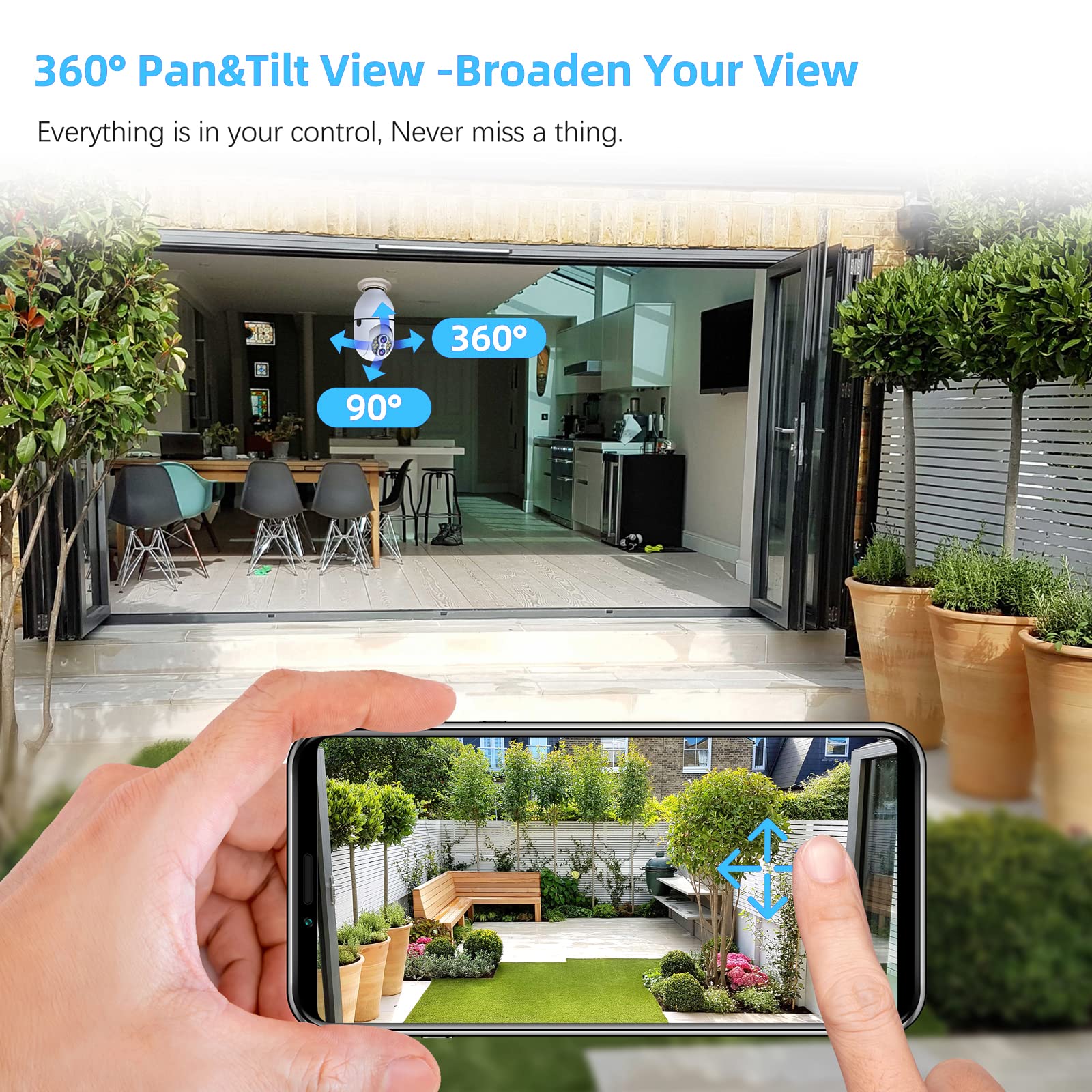 Light Bulb Security Camera Wireless Outdoor with Color Night Vision, 10X Hybrid Zoom 360° View Dual Lens Light Socket Camera Auto Tracking PIR Motion Detection Alerts Two Way Talk Color Night Vision