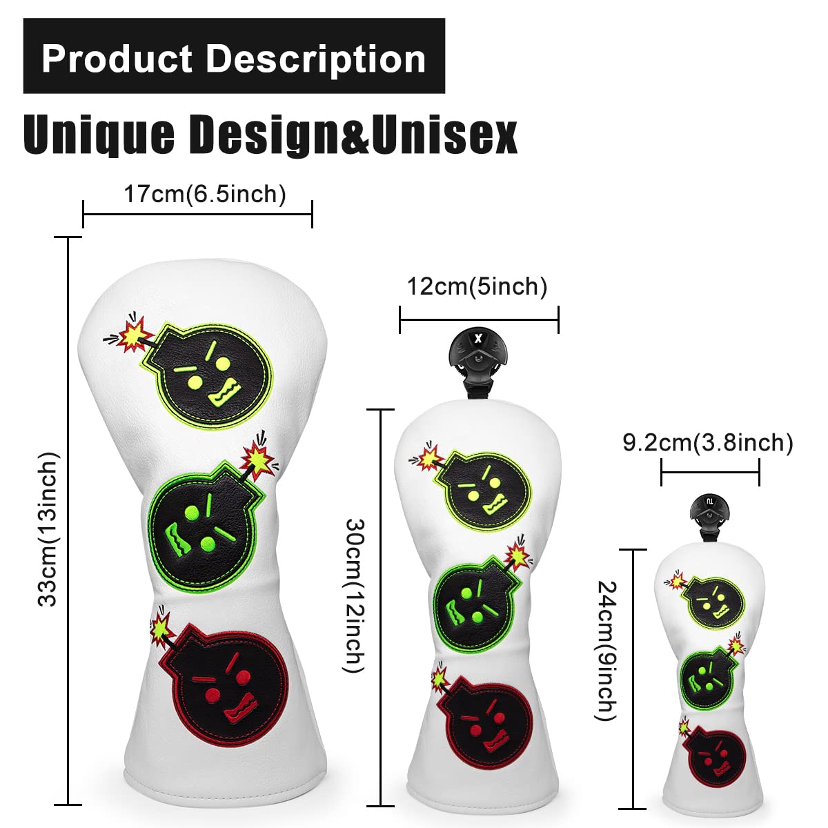 Golf Headcovers Golf Driver Head Cover Embroidery Bombs Premium Leather ((DR+FW+UT) 3pcs/Set)