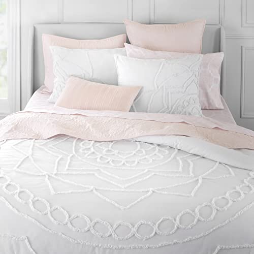 MARTHA STEWART Sophia Medallion Chenille Queen Size Comforter Set - 3 Piece,1 Comforter(90"x92"), 2 Pillow Shams(20"x26"), 100% Cotton, Breathable, Reversible, Machine Wash, White (All Season)