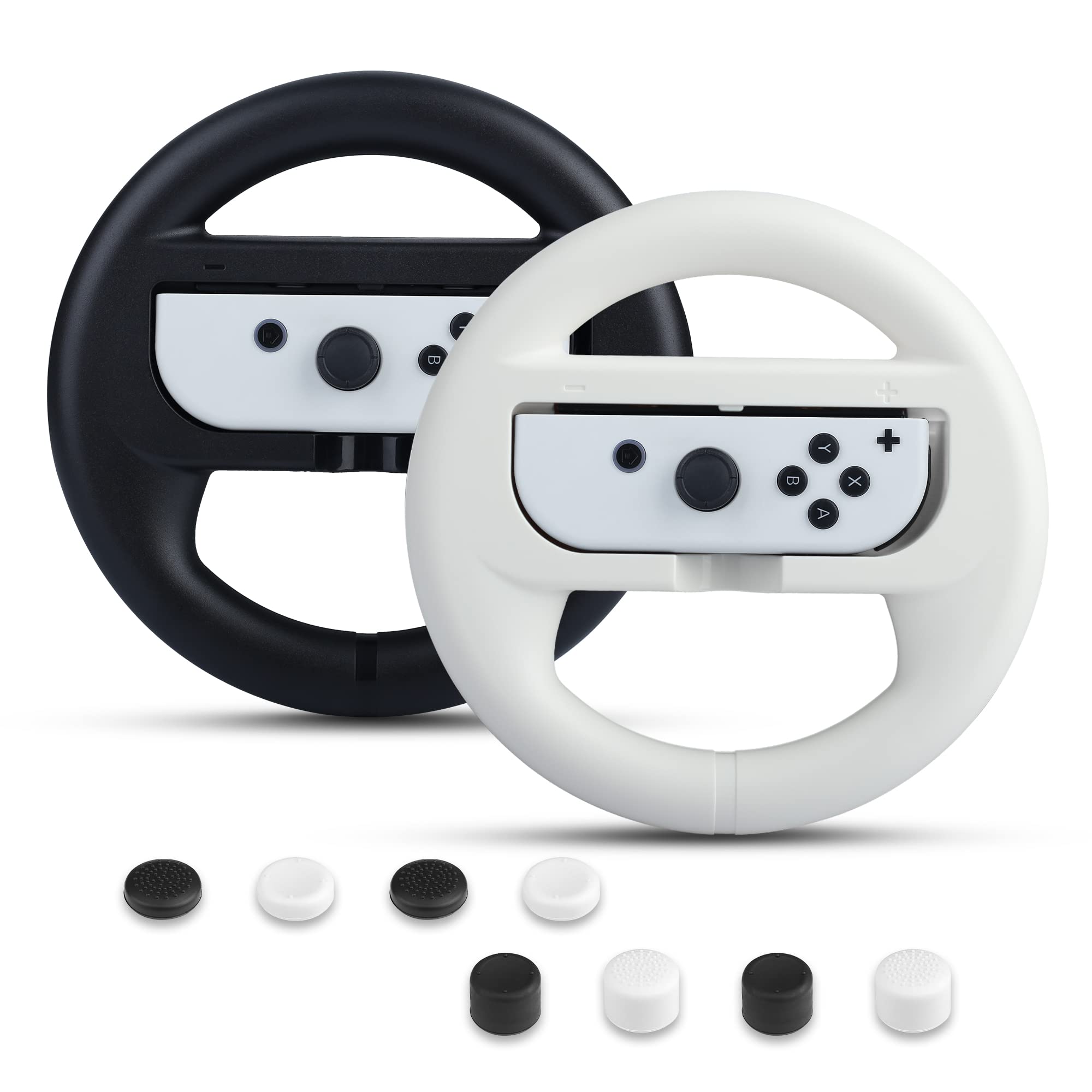 FANPL 2Pcs Steering Wheel for Nintendo Switch & Switch OLED Joy Cons, Racing Wheel Compatible with Mario Kart 8 Deluxe, Grip Accessories with 8 Thumb Caps, Enhance Racing Experience (Black & White)