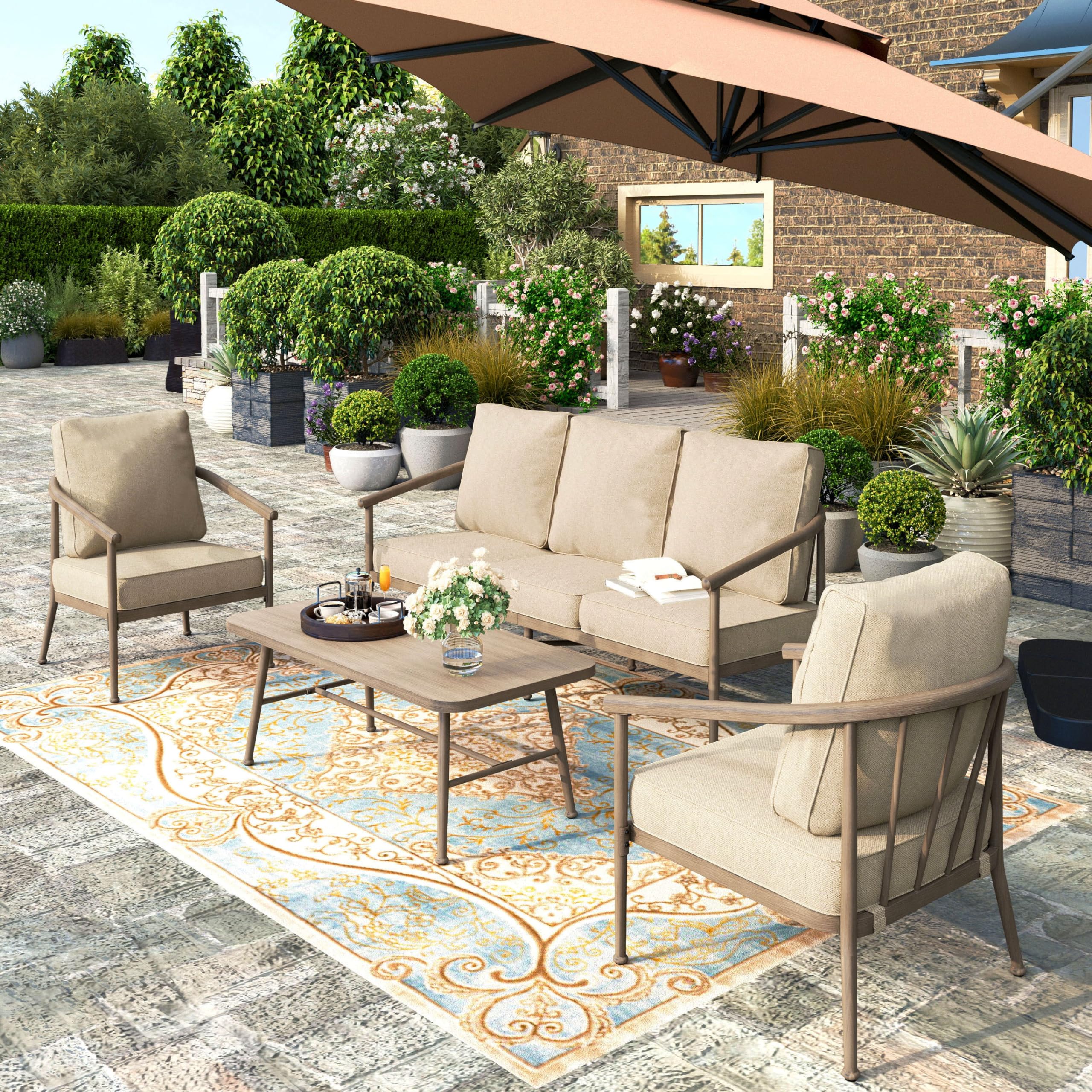 HERA'S HOUSE Patio Furniture Set, 2 x Cushioned Leg Chair, 3-Seat Sofa with Wood Grain Coffee Table, 5 Seats Luxury Windsor Style All Weahter Outdoor Sofa Conversation Set for Deck Lawn Backyard
