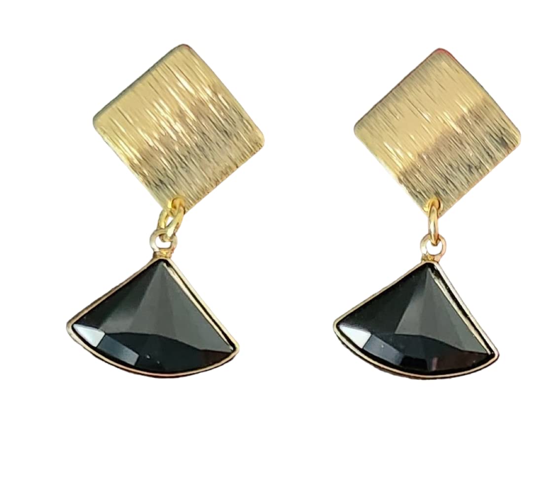 Earrings Yellow Gold 14K Platted Diamond Shape Stud with Drop Dangle Black Crystal Hypoallergenic Fashion Jewelry Gift Women