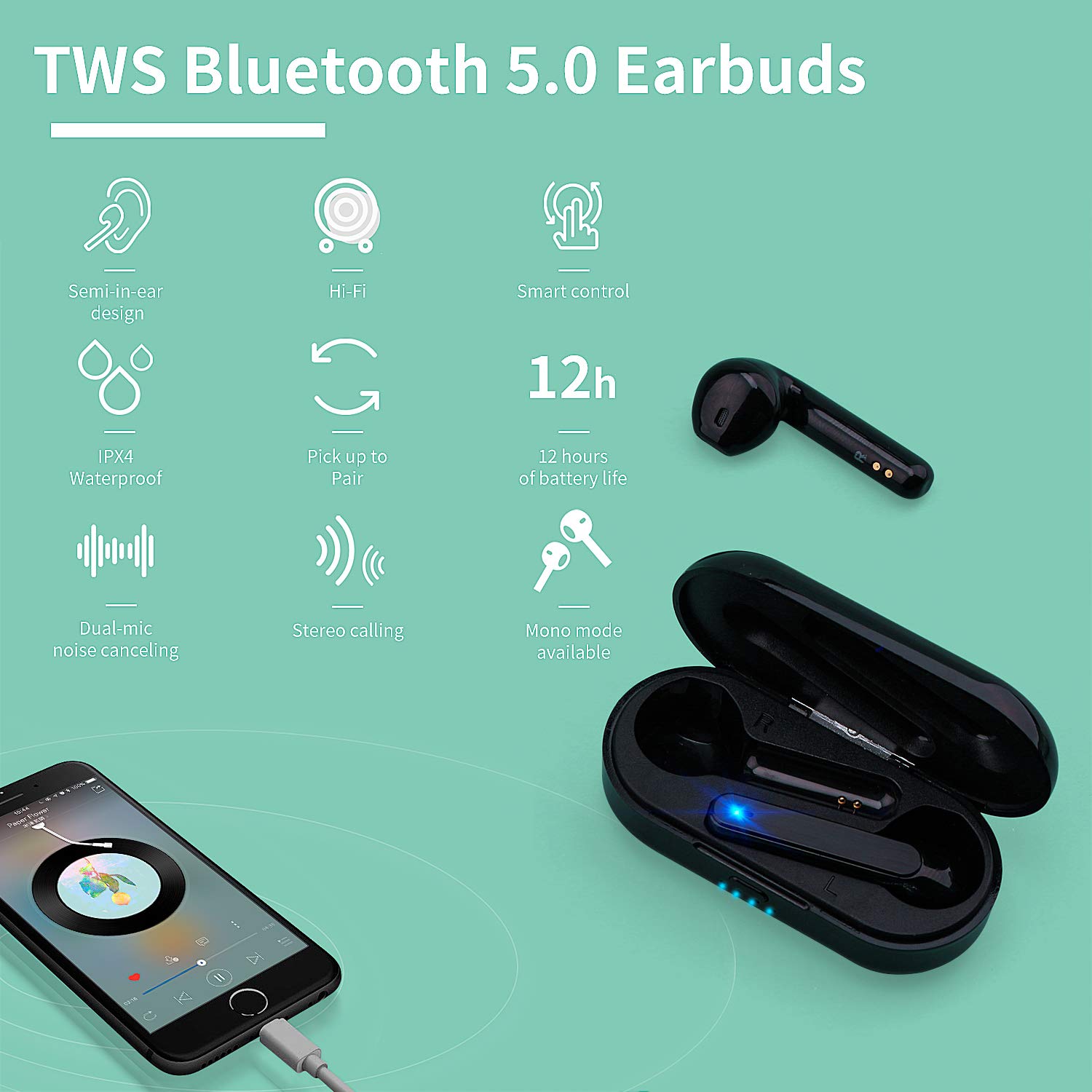 GOOJODOQ Wireless Earbuds, Bluetooth 5.0 Earbuds-Wireless Earphones with Smart Touch, Dual-Mic, Auto-Pair, 3D Stereo, Sweatproof Mini Sports Earbuds Compatible with Hi-Fi Sound for Android and iPhone