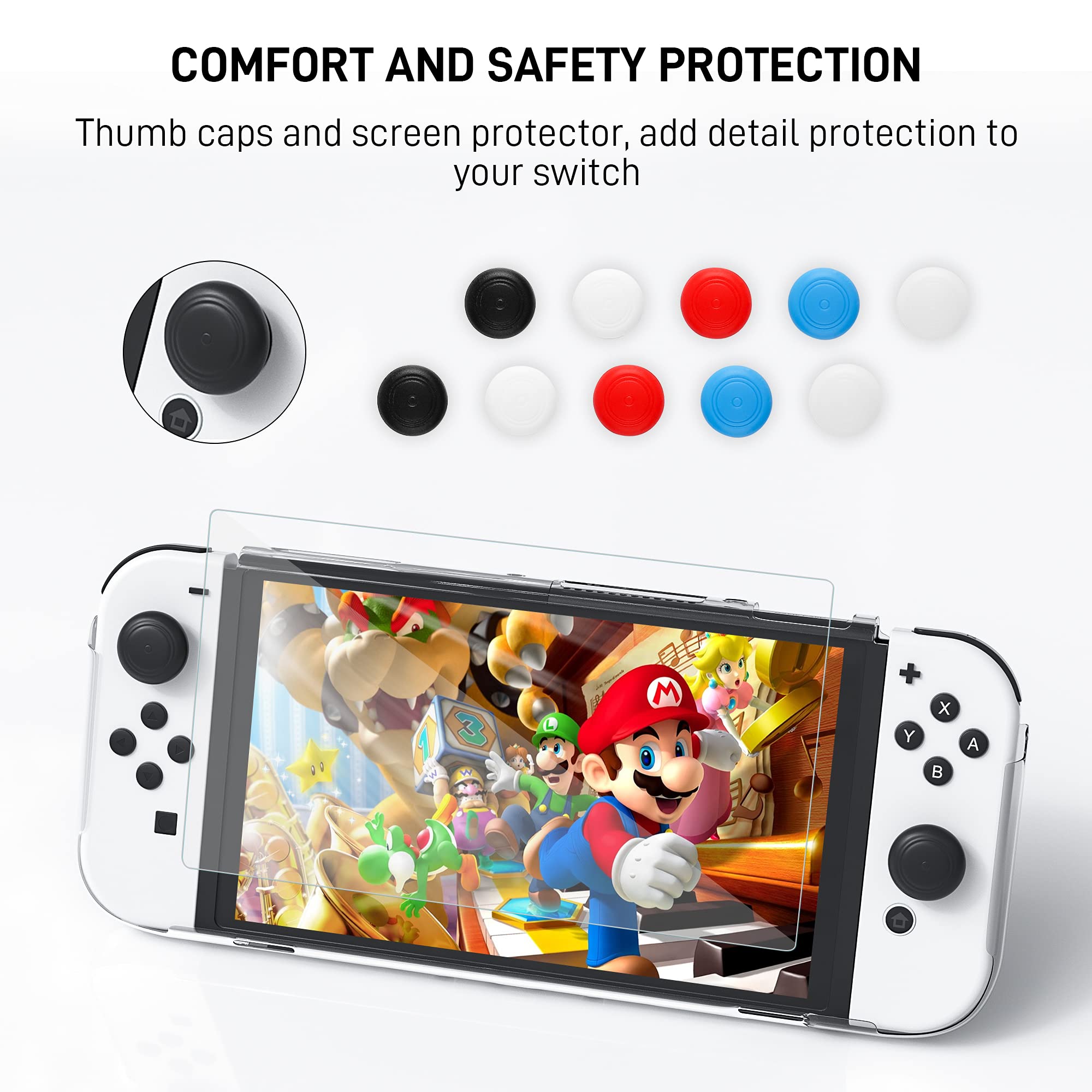FANPL Clear Protective Case for Nintendo Switch OLED Model, Hard Case Cover with Game Card Storage, Carry Convenient, Transparent Shell Includes 1 Screen Protector, 10 Silicone Thumb Grip Caps