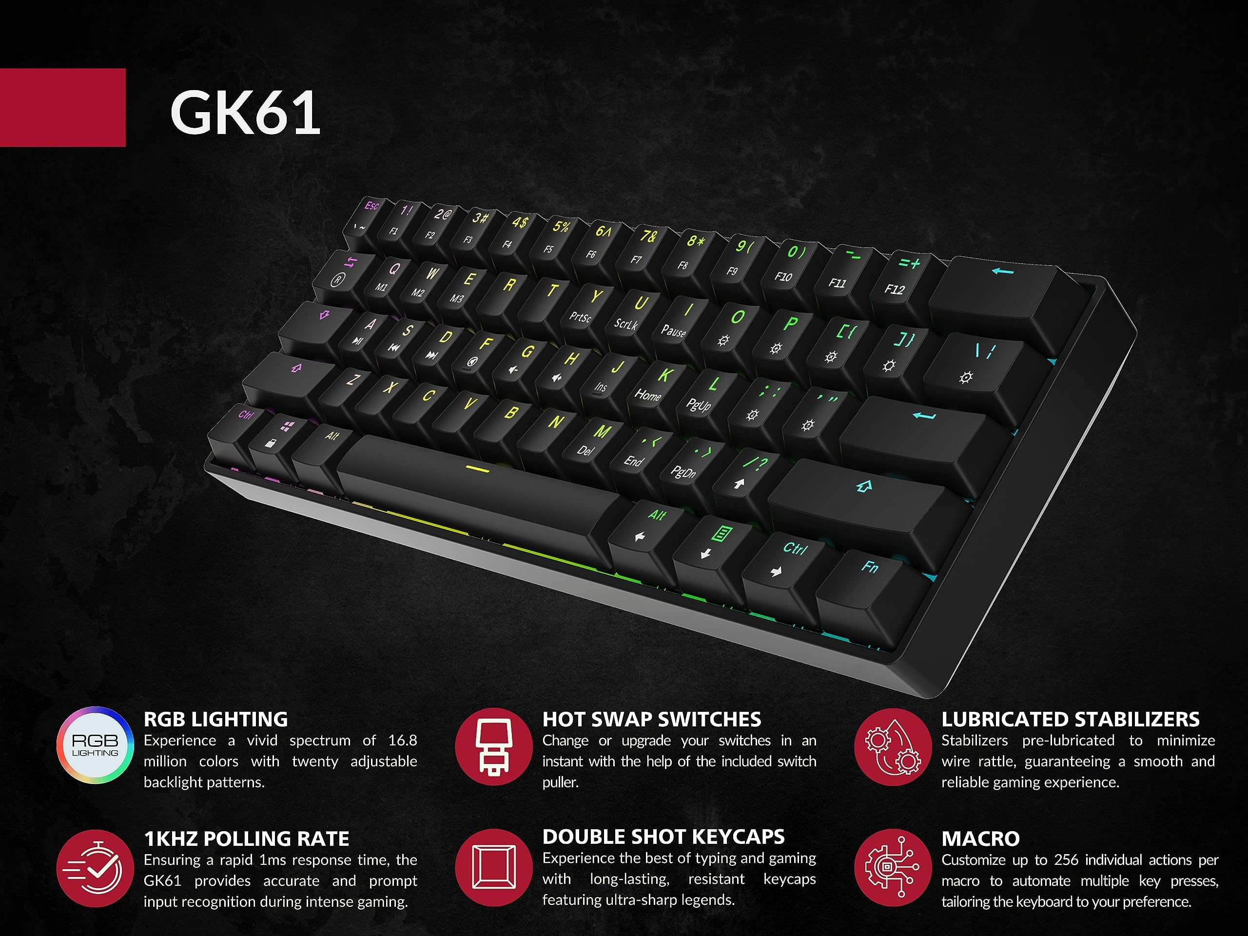 GK61 Mechanical Gaming Keyboard - 61 Keys Multi Color RGB Illuminated LED Backlit Wired Programmable for PC/Mac Gamer (Gateron Optical Yellow, Black)