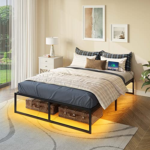 Rolanstar Bed Frame with USB Charging Station, Queen Bed Frame with LED Lights, Platform Bed Frame with Heavy Duty Steel Slats, 14" Storage Space Beneath Bed