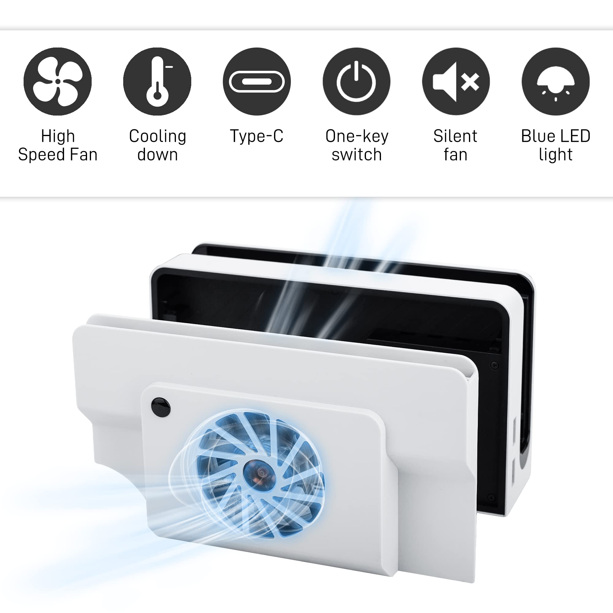 FANPL Cooling Fan for Nintendo Switch OLED, Cooling Fan Dock Replacement Compatible with Switch OLED Dock Station, Simple to Use, Heat Dissipation, Blue LED Light Cooler with Type-C Cable - White