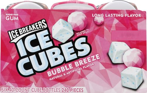 ICE BREAKERS Ice Cubes Bubble Breeze Sugar Free Chewing Gum Bottles, 3.24 oz (6 Count, 40 Pieces)