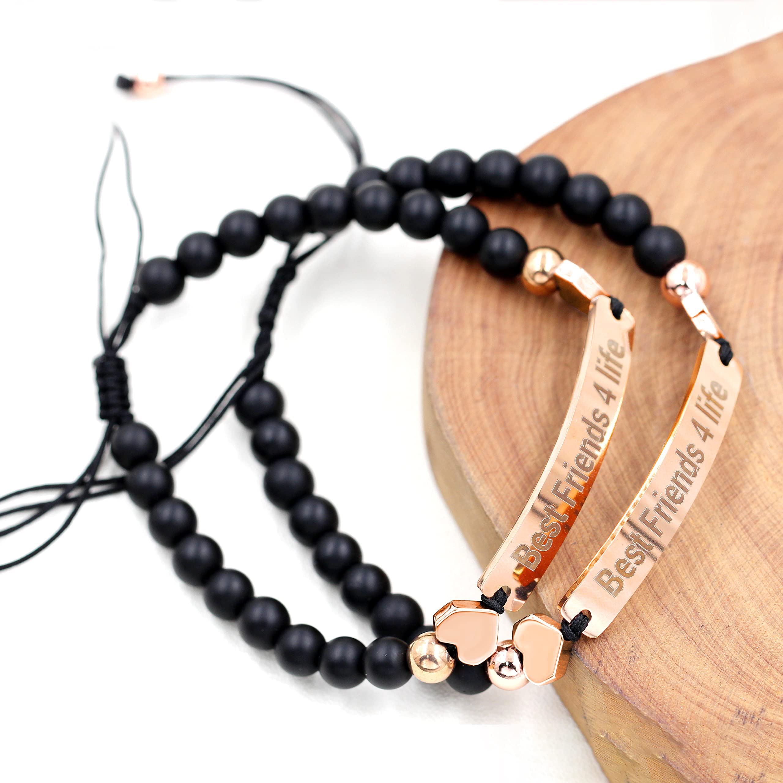Handmade Black Matte Onyx Beads Personalized Name Bracelets for Women with Rose Gold Plated Stainless Steel Custom Name Plate Y1451