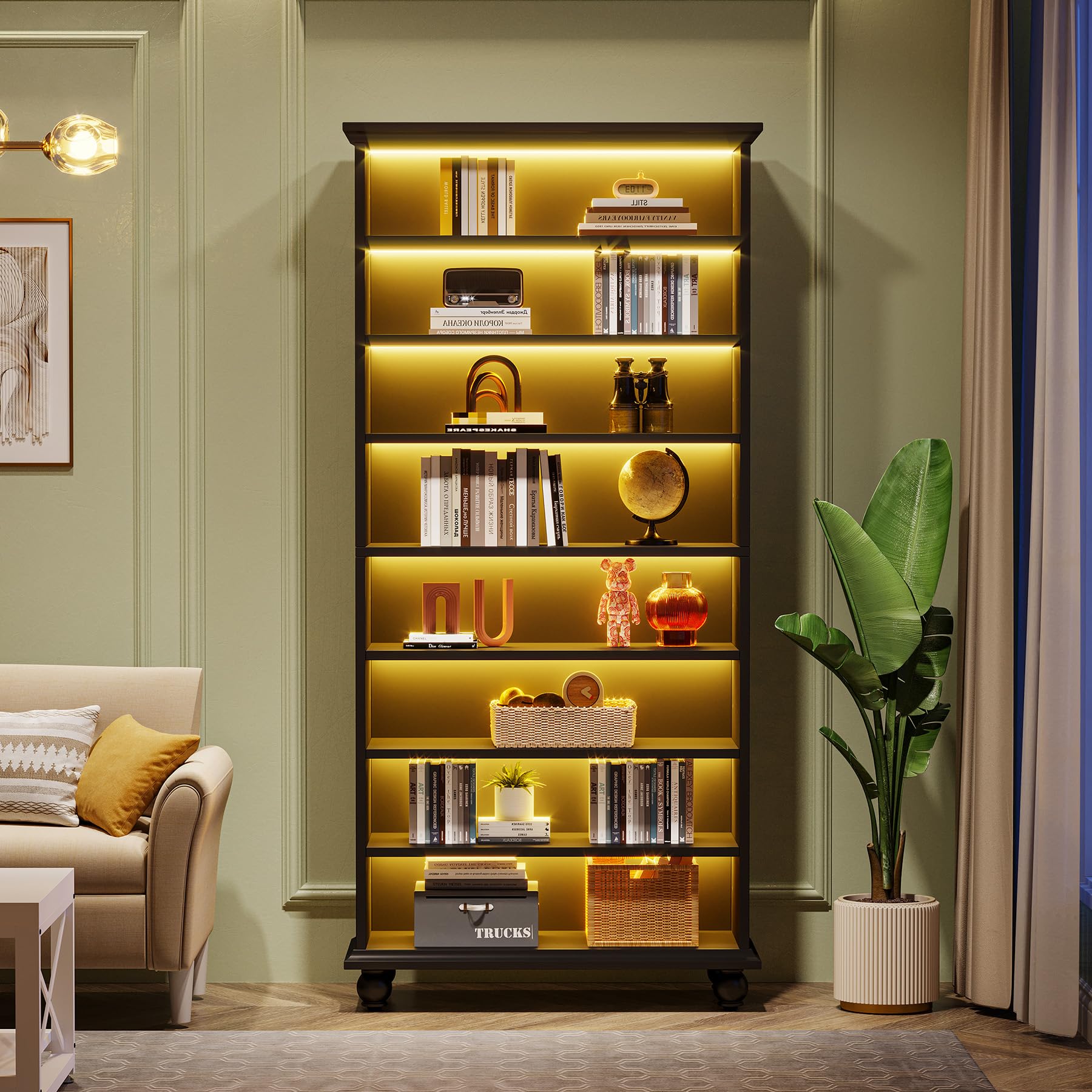 Tribesigns 69-Inch Tall Bookcase with LED Lighting, Modern 9-Tier Freestanding Bookshelf with Solid Wood Legs, Wooden Open Display Shelf Organizer for Living Room, Home Office (1, Black)