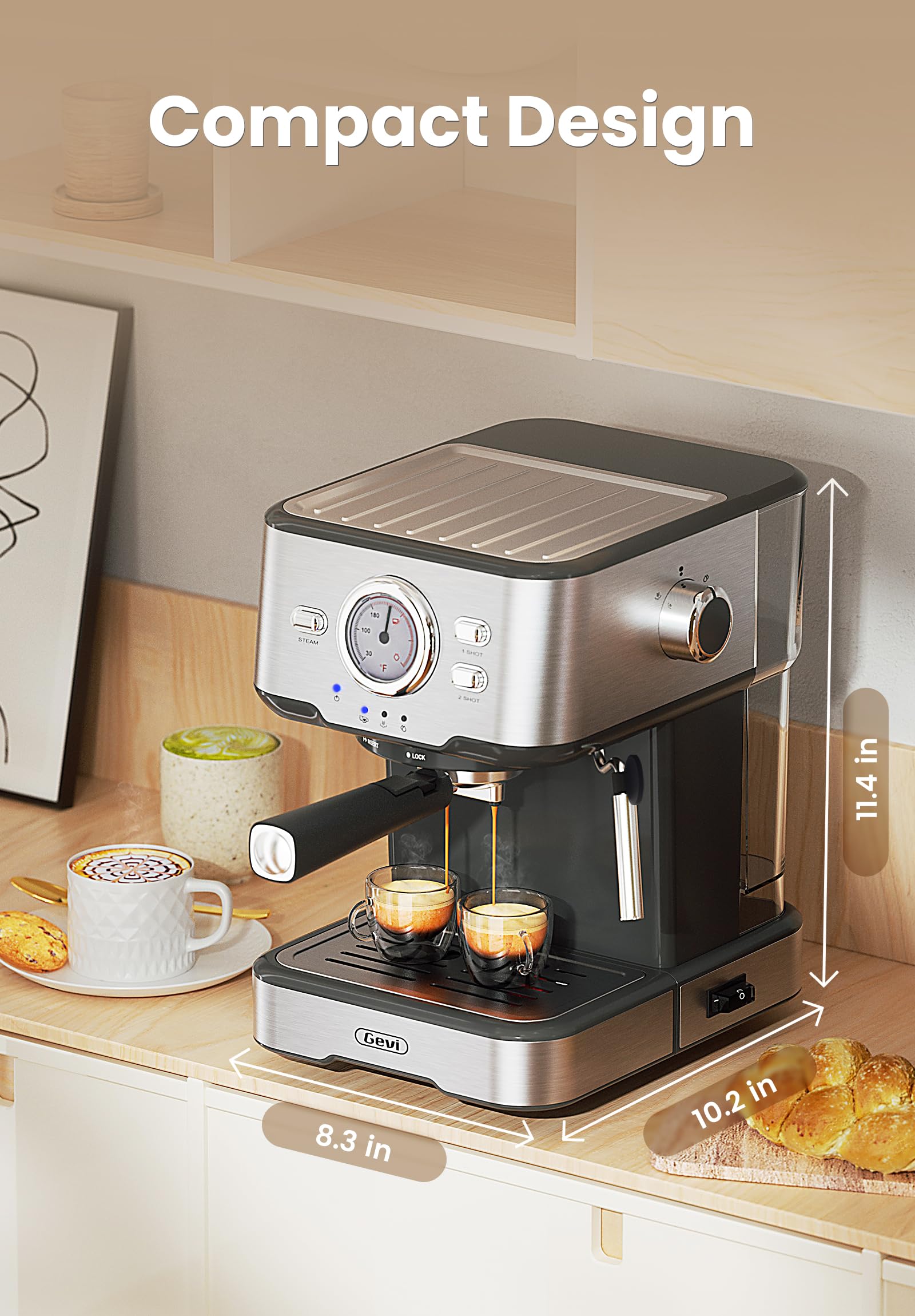 Gevi Espresso Machine High Pressure,compact espresso machines with Milk Frother Steam Wand,Professional Coffee,Cappuccino,Espresso,Latte,Macchiato Maker for home,espresso maker
