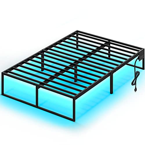 Rolanstar Bed Frame with USB Charging Station, Full Bed Frame with LED Lights, Platform Bed Frame with Heavy Duty Steel Slats, 14" Storage Space Beneath Bed