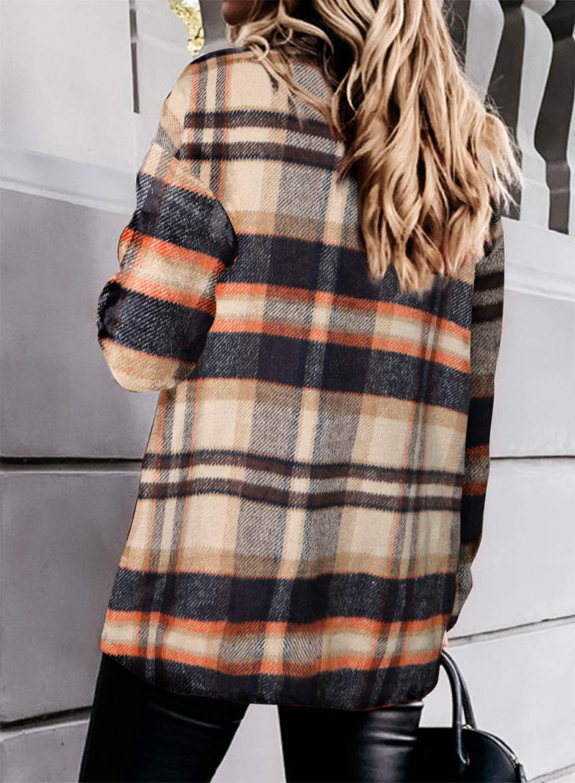 Dokotoo Women's Classic Plaid Button-Up Flannel Shirt - Long Sleeve, Soft, Loose, Office Jacket - Orange, L