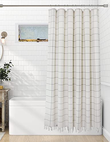 SUMGAR Cotton Shower Curtain Boho Farmhouse Shower Curtains for Bathroom with Tassels & Hooks, White Fabric Grey Checkered Bohemian Fringe Shower Curtain Set, 72" x 72"