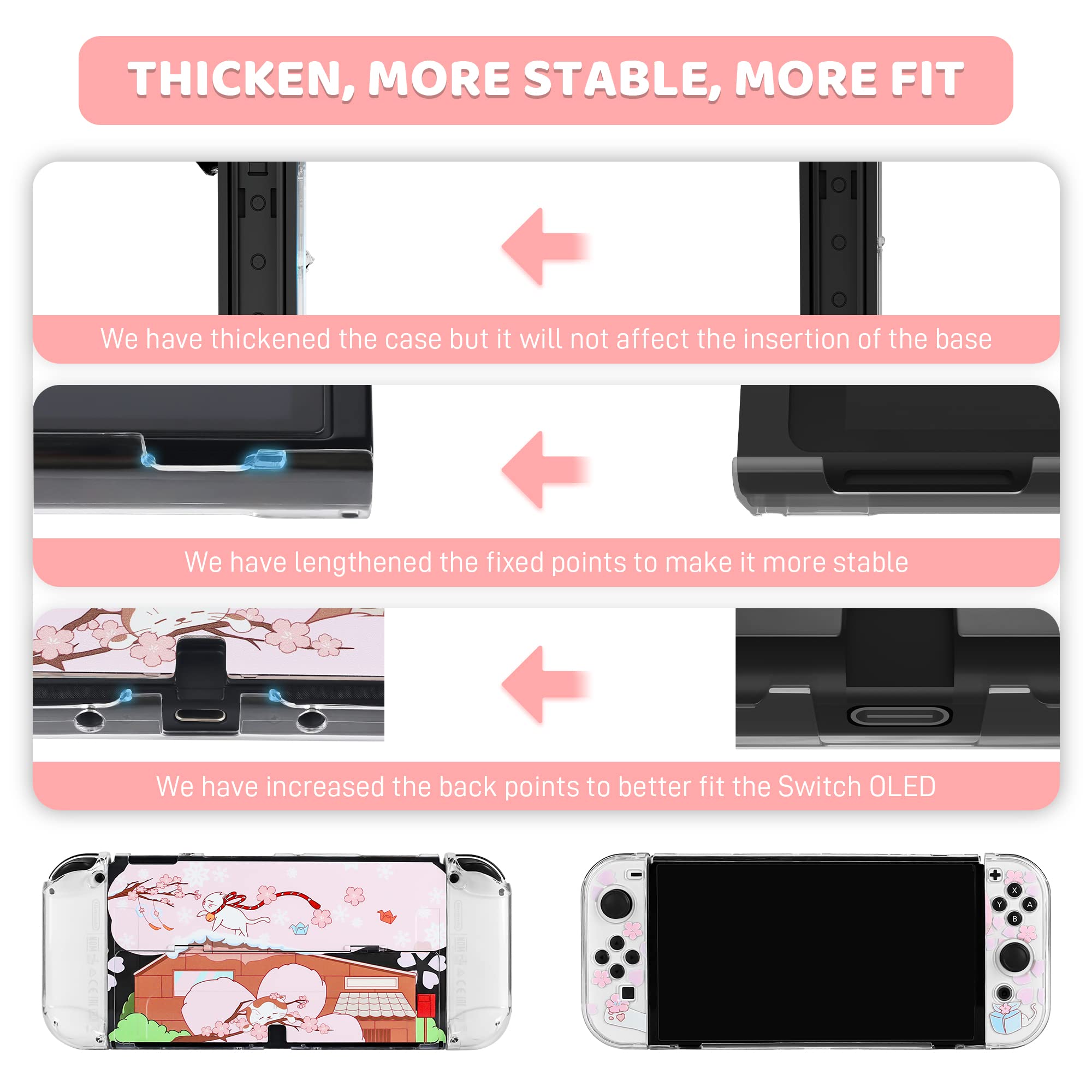 FANPL Cute Case Compatible with Nintendo Switch OLED, Case Cover with Sakura Cat Pattern for Switch OLED Console & Joycon, Hard PC Flip Shell with Ergonomics Grip Case, Kawaii Dockable Skin for Girls