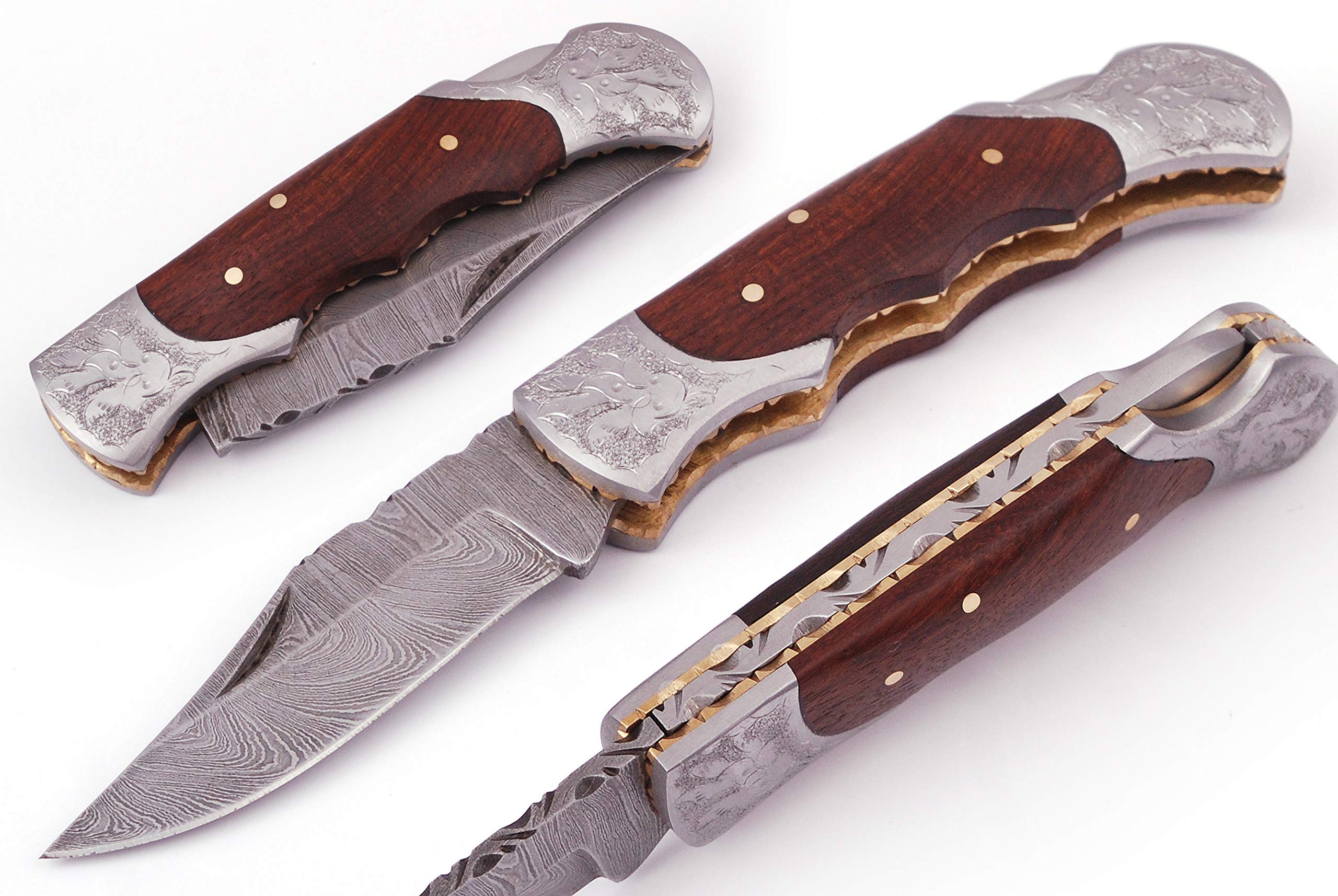 Handmade Damascus Steel Pocket Knife - Damascus Folding Knife - Pocket Knife for Men, EDC gift Knife & Damascus Blade Hunting Skinning Knife with Back Lock & Rose Wood Handle with Leather Knife Sheath