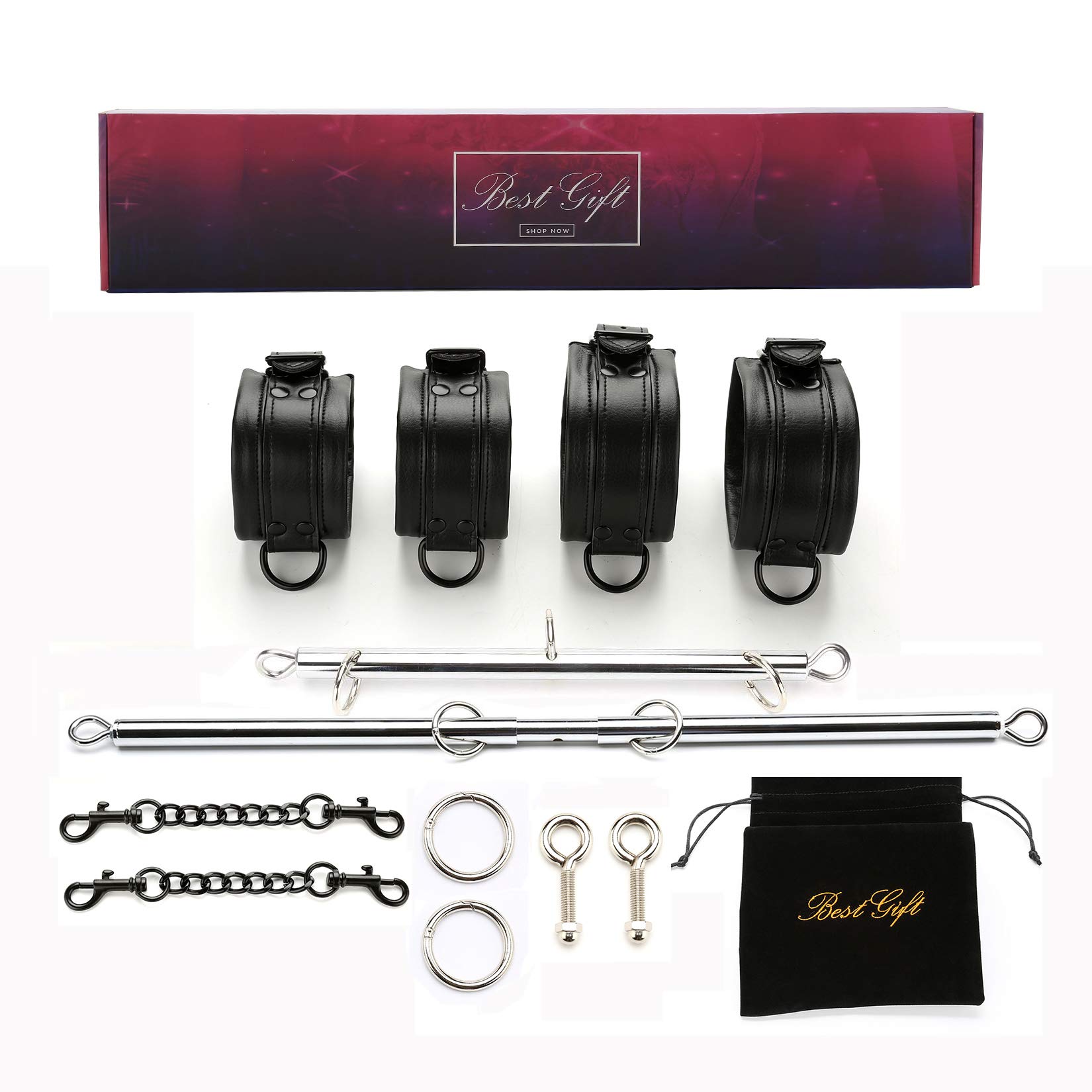 EXREIZST Expandable Adjustable 2 Spreader Bar with 4 Leather Straps Sports Fitness System Set, Silver and Black