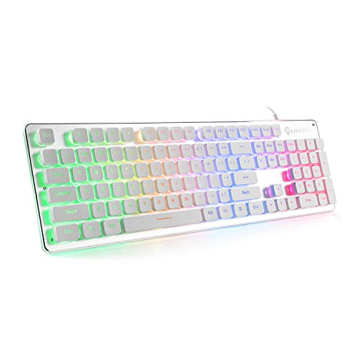 LANGTU Membrane Gaming Keyboard, Rainbow LED Backlit Quiet Keyboard for Office, USB Wired All-Metal Panel 25 Keys Anti-ghosting Computer Keyboard 104 Keys - L1 White/Silverโฆ