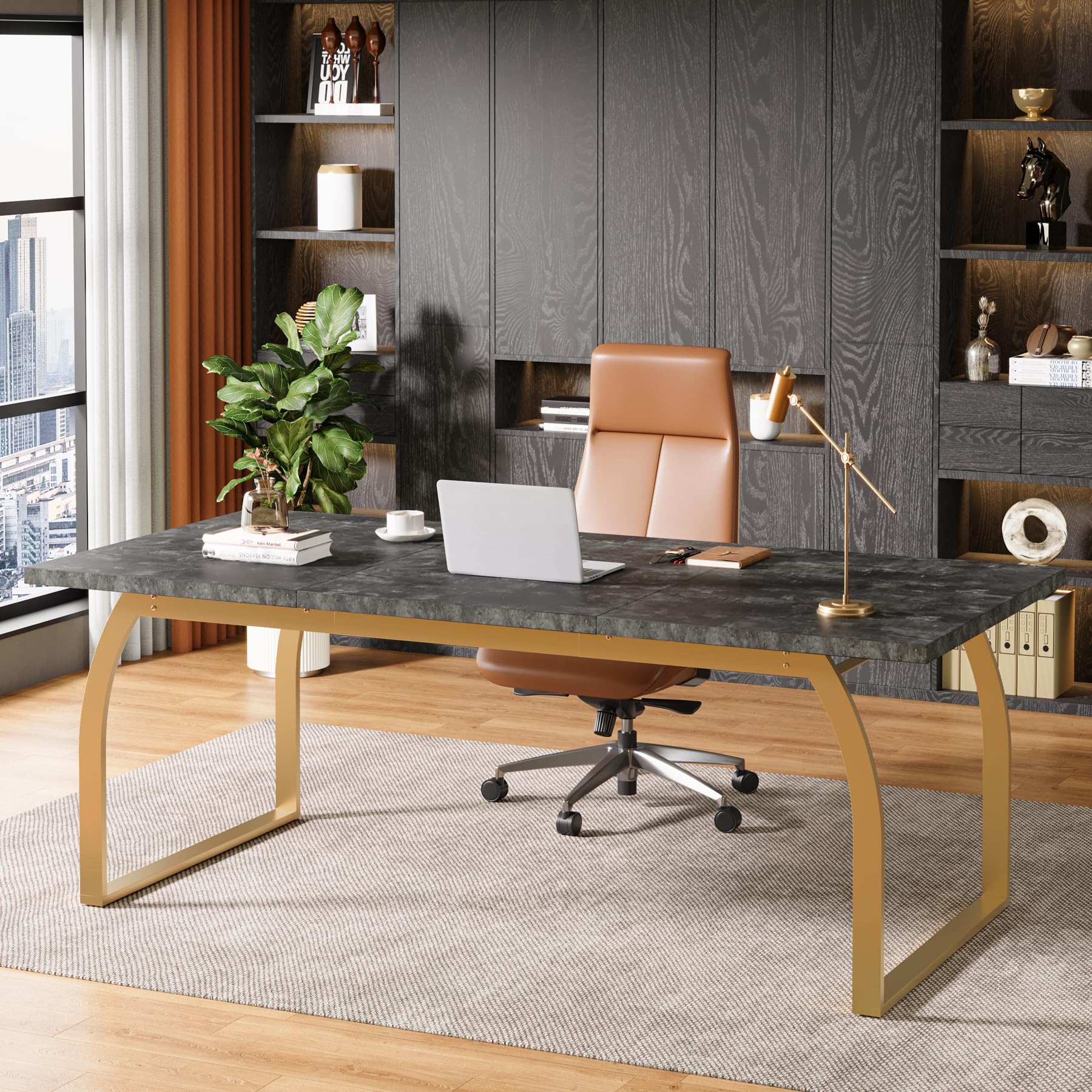 Tribesigns Modern Black Office Desk: 70.87 Inches Computer Executive Desk with Gold Metal Legs, Faux Marble Large Study Writing Table, Simple Desk for Home Office