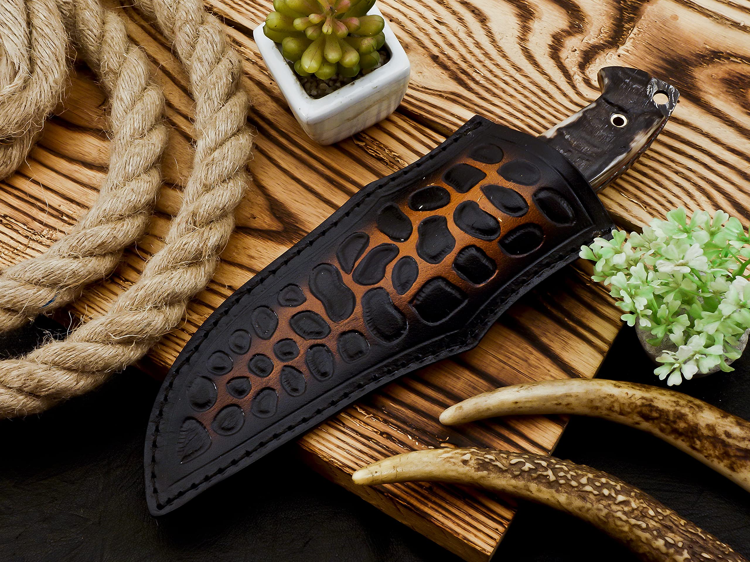Handmade Damascus Hunting Knife with Sheath for Belt – 10 inches Fixed Blade full tang 1095 steel knife with Sheep Horn Handle