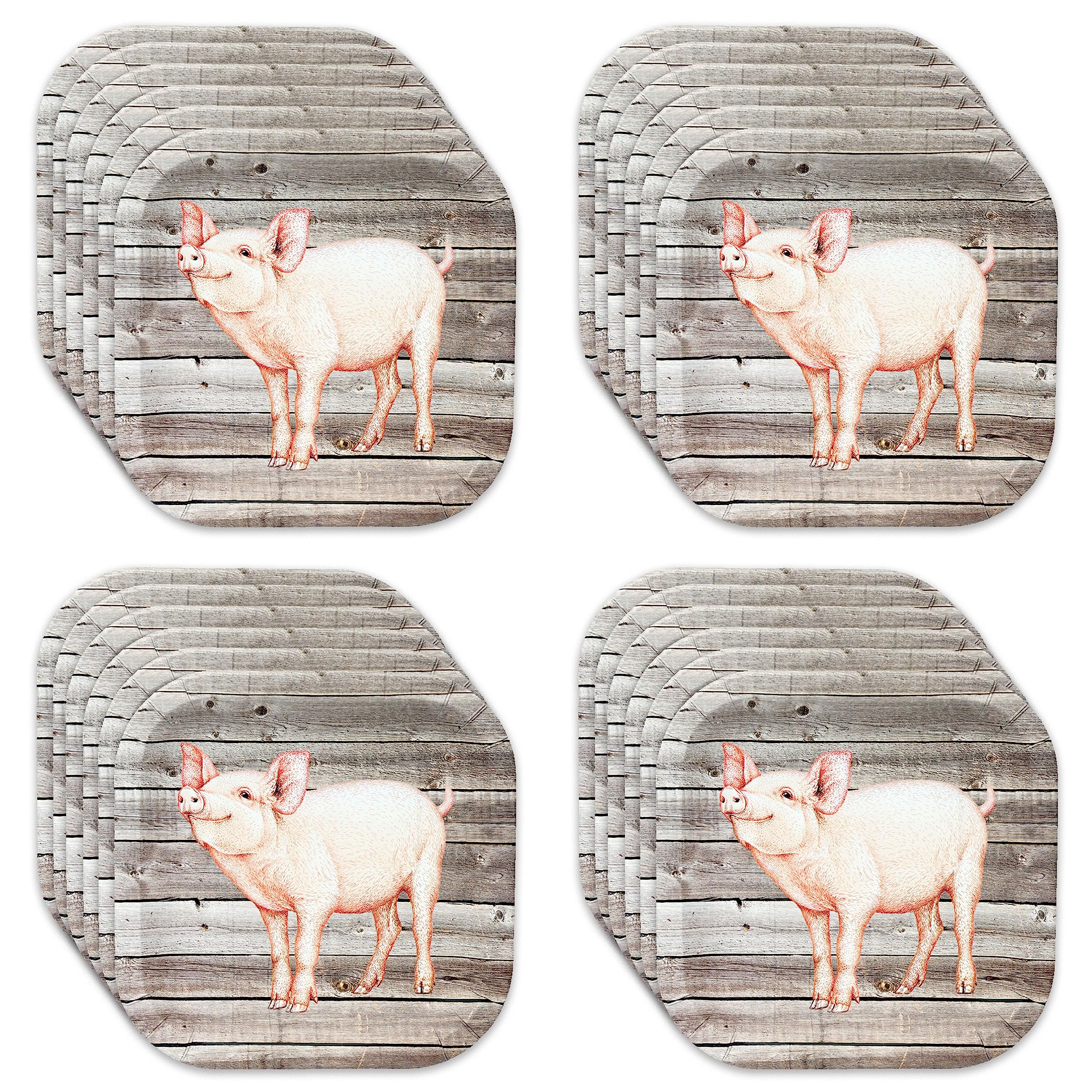 Havercamp Pig 9β Plates on Barnwood (24 pcs.)! Authentic and Cute Pig on a Rustic Barnwood Background. 24 Lg. 9 in. Square Dinner Plates. Pair with the Farm Table Collection!