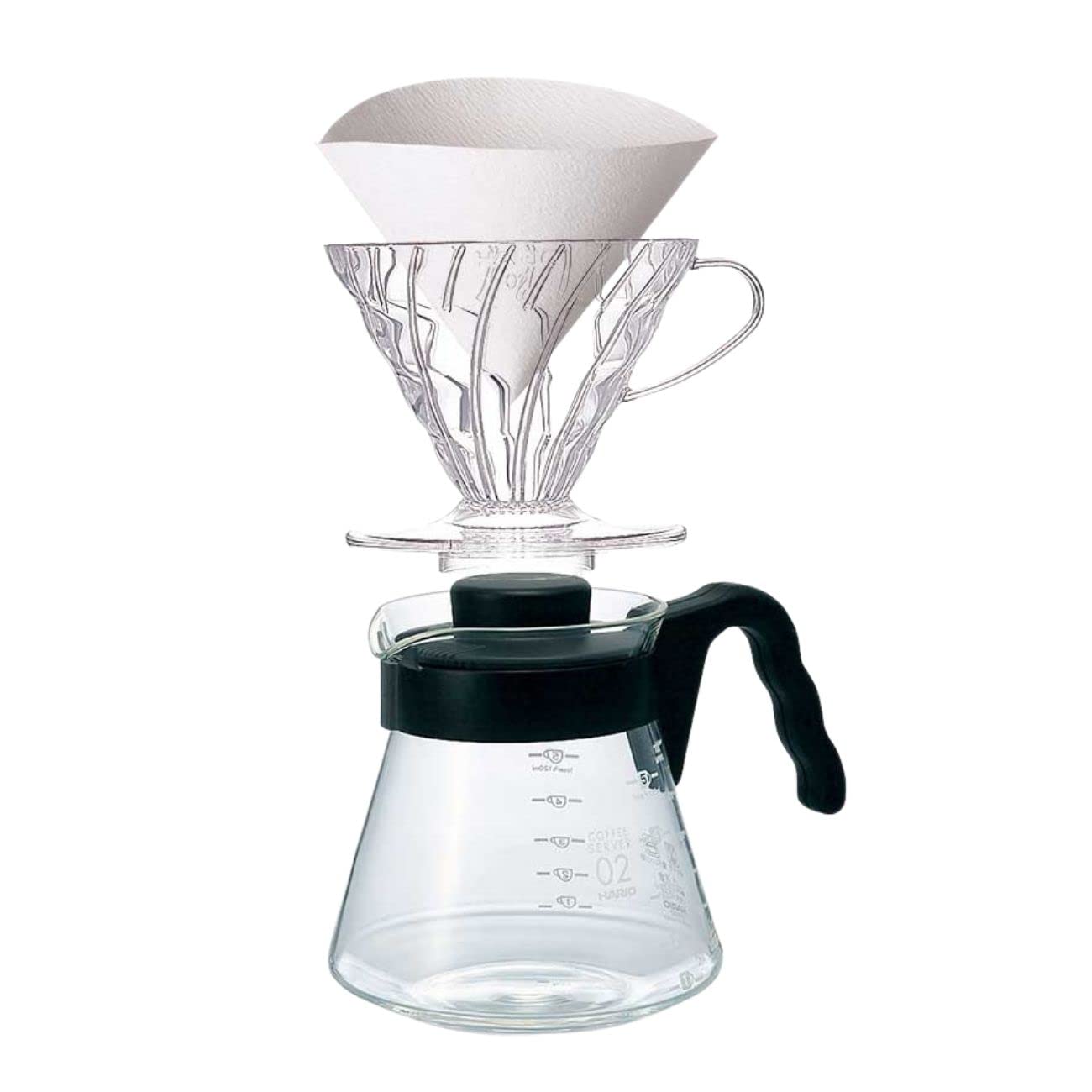 Hario Pour Over Coffee Starter Set Craft Coffee Maker Dripper, Glass Server, Scoop and Filters Size 02, Black