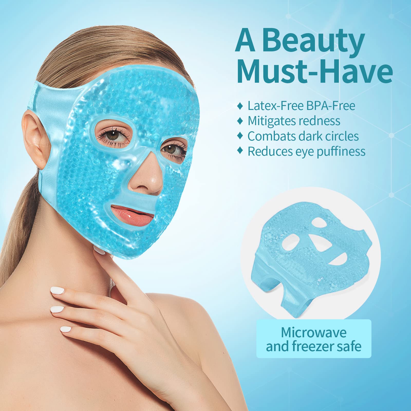 Ice Face Mask + Ice Eye Mask, Gel Face Mask Hot Cold Compress Therapy Reusable,Cooling Face Eye Mask for Pain Relief,Migraines,Headaches,Puffiness (Blue)