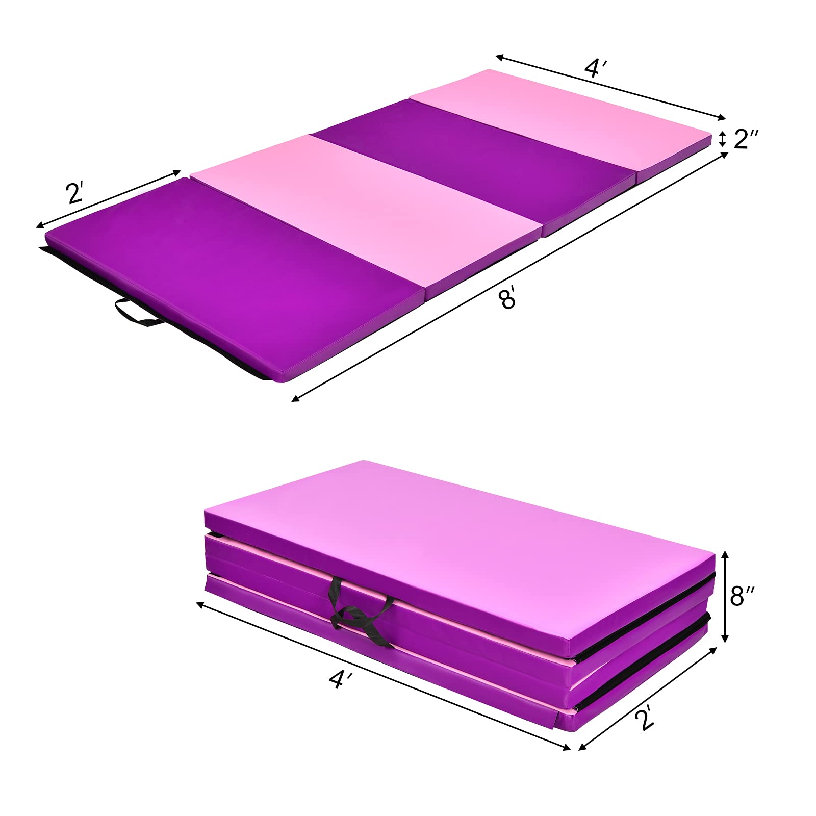 Giantex 4' x 8' x 2" Folding Gymnastics Mat, Gym Exercise Pad with Carrying Handles, Hook and Loop Fastener, 4 Panel Tumbling Mat for Yoga, Stretching, Workouts (Pink/Purple)