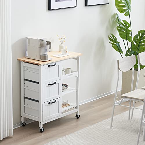 White Rolling Kitchen Island with Storage,Drawer Storage Islands &Carts Mobile Storage Islands,Portable Kitchen Cart Cabinets Rolling Kitchen Island Table on Wheels with Storage Cabinet 76 x 37x 84CM
