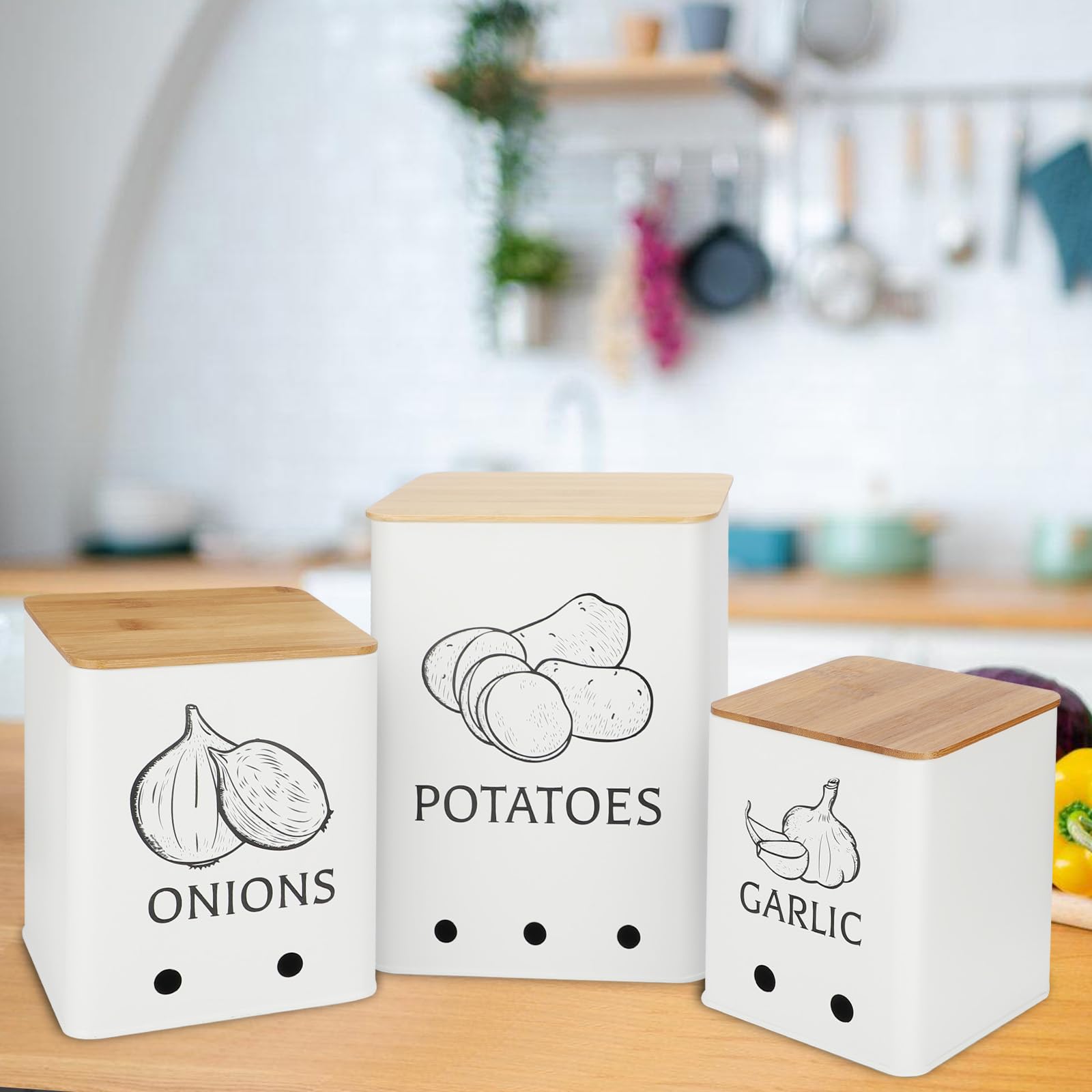 Moondust Wj 3 Pack Vegetable Storage Tins,Potatoes Storage,Metal Onion and Potato Storage Bins,Kitchen Potato and Onion Storage Bin,Onion Storage Containers with Aerating Holes and Wooden Lid.