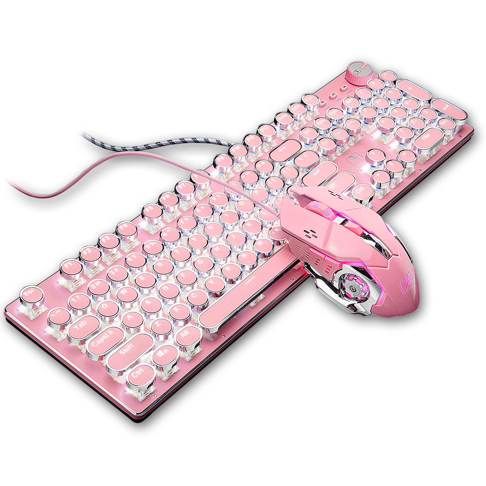 FELiCON Typewriter Pink Mechanical Gaming Keyboard and Mouse Combo White Light Retro Punk Round Keycaps Keyboard with 104 Keys Anti-Ghosting Blue Switch RGB Backlit Mouse Mice Pad for Office Work