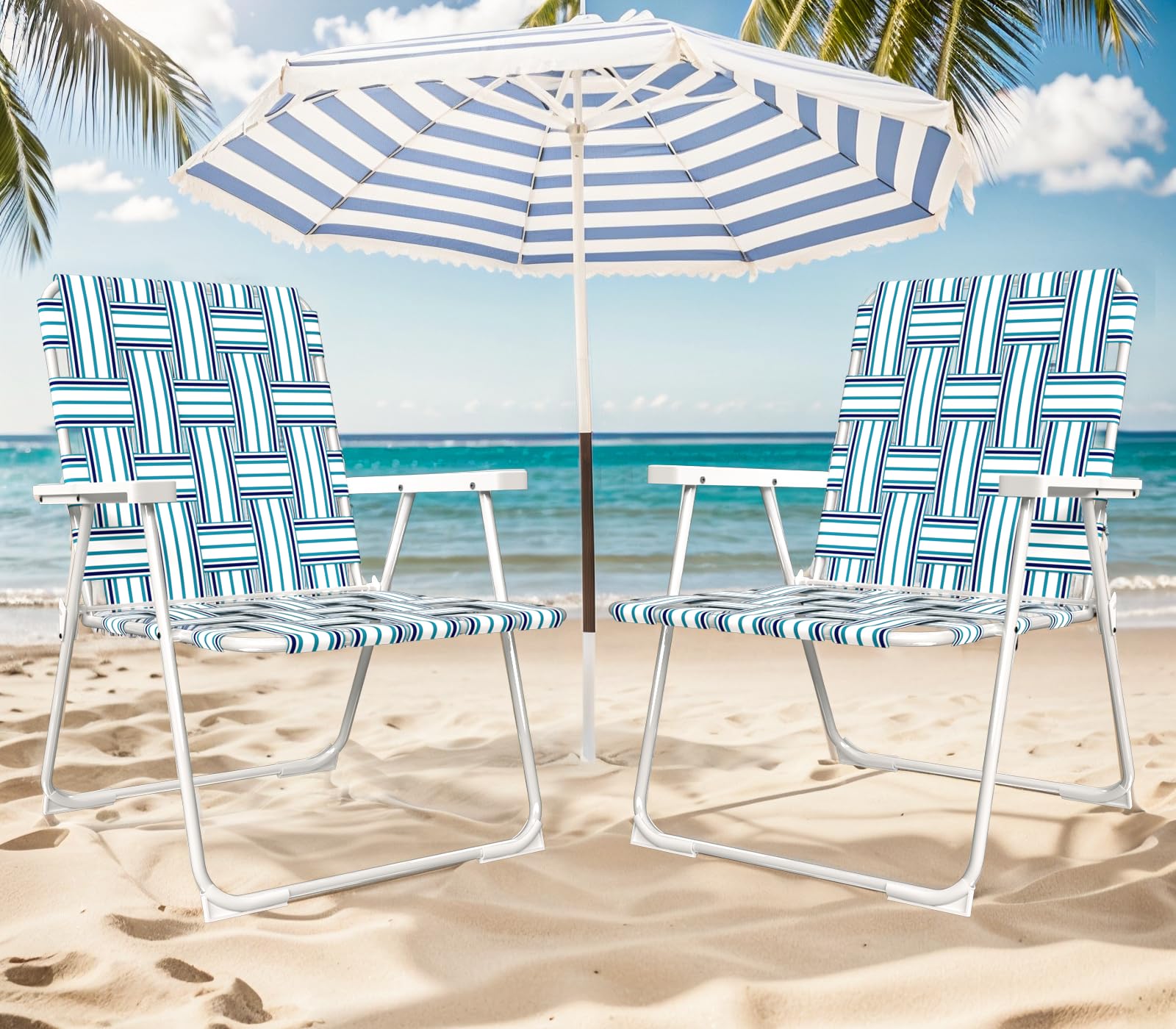 GREZJXC Beach Chair 2-Set,Camping Chairs Webbed Portable Lawn Chair Outdoor lounge Chair Portable Dining Chairs with Armrests for Camping