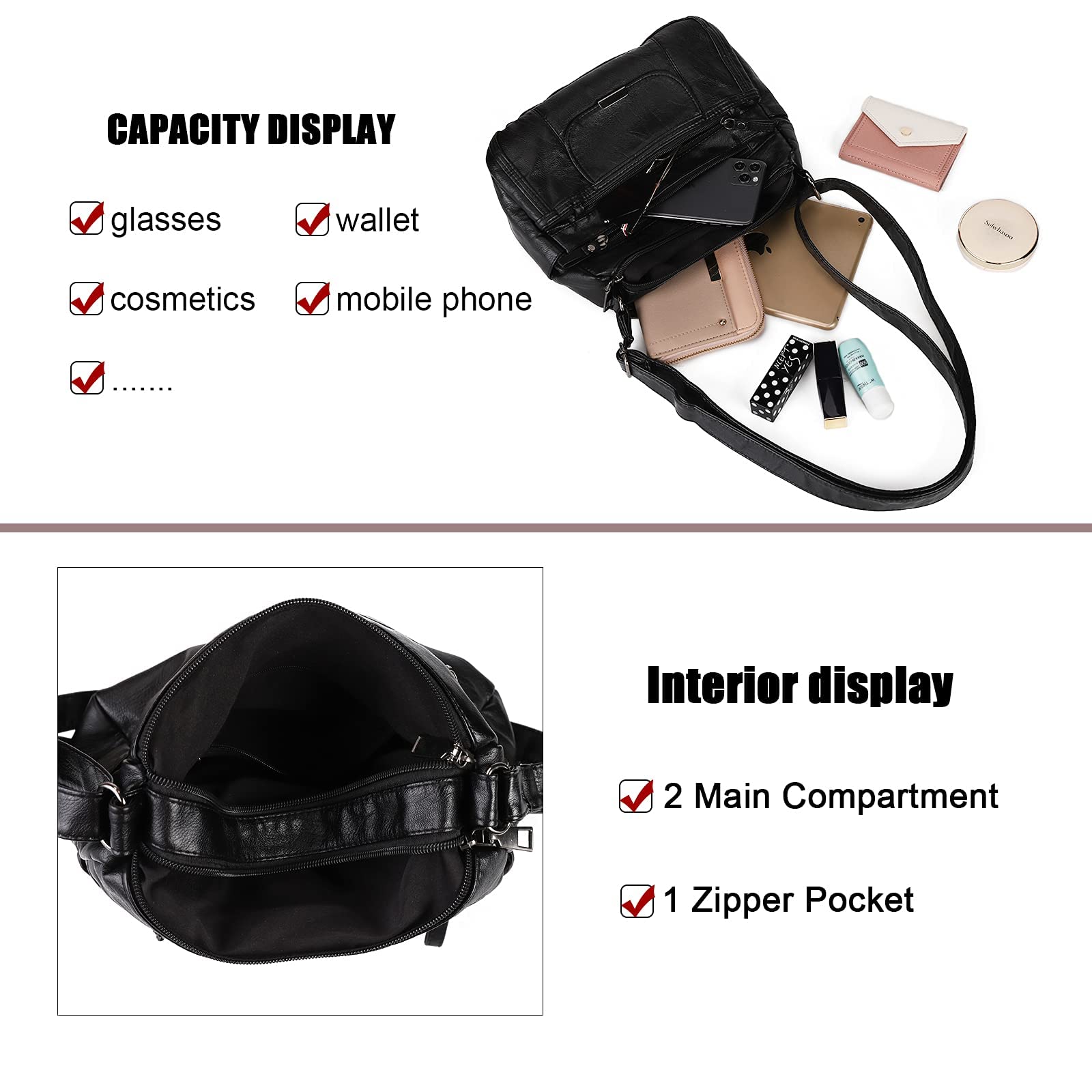 Gladdon Small Crossbody Bags For Women Shoulder Bags Washed Leather Purses and Handbags Black