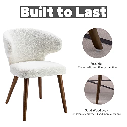RIVOVA Upholstered Accent Arm Chairs Set of 4, Faux Sherpa Mid Century Modern Dining Chairs for Kitchen Dining Room Side Chairs with Wood Legs, White