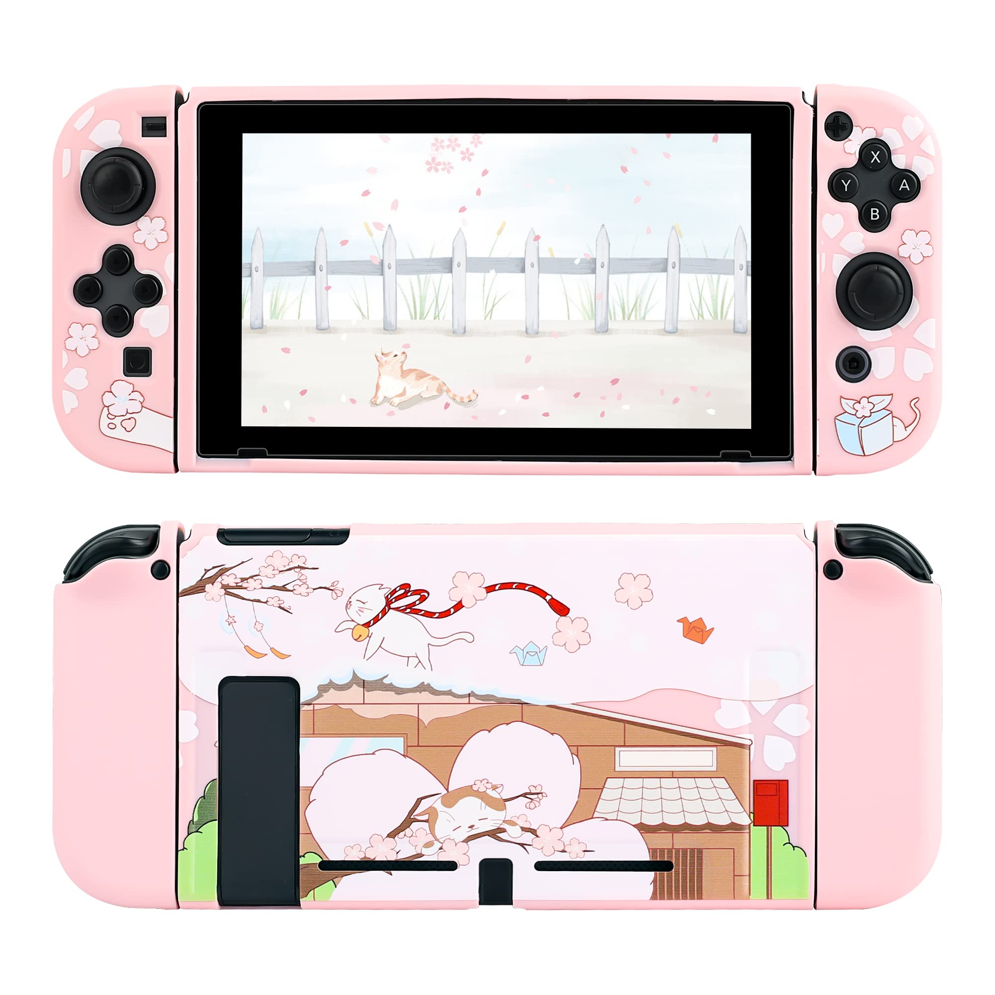 FANPL Pink Cute Case for Nintendo Switch, Soft TPU Protective Case Compatible with Switch Console and Joy Con Controller, Kawaii Switch Skin Accessories for Girls - Sakura Cat Pattern