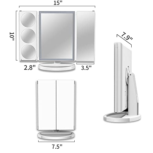 ZL ZELing LED Makeup Mirror with Lights, Trifold Vanity Mirror with 3X/5X/10X Magnification, Smart Touch Control, Dual Power Supply, Portable Cosmetic Mirror,Gift for Women