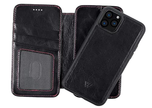 Wilken iPhone 13 Mini Leather Wallet Case with Detachable Magnetic Phone Case | Compatible with MagSafe and All Wireless Charging Accessories | Genuine Leather Magnetic Wallet Case | (Black, 13 Mini)