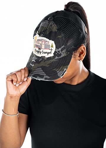 Funky Junque Criss Cross Hat Womens Baseball Cap Distressed Ponytail - Happy Camper - Black Camo