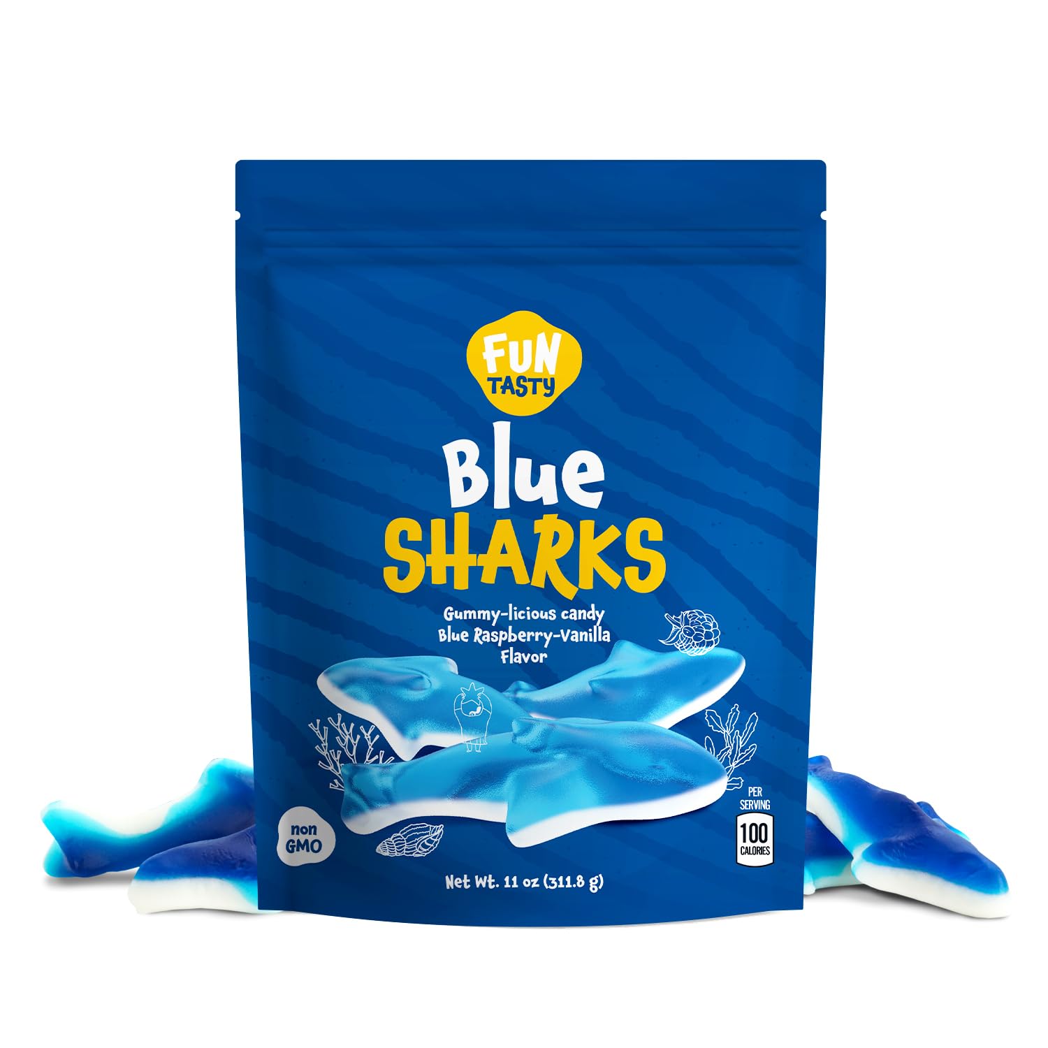 Funtasty Blue Sharks Gummy Candy, Blue Raspberry Marshmallow Flavor - 11-Ounce Bag