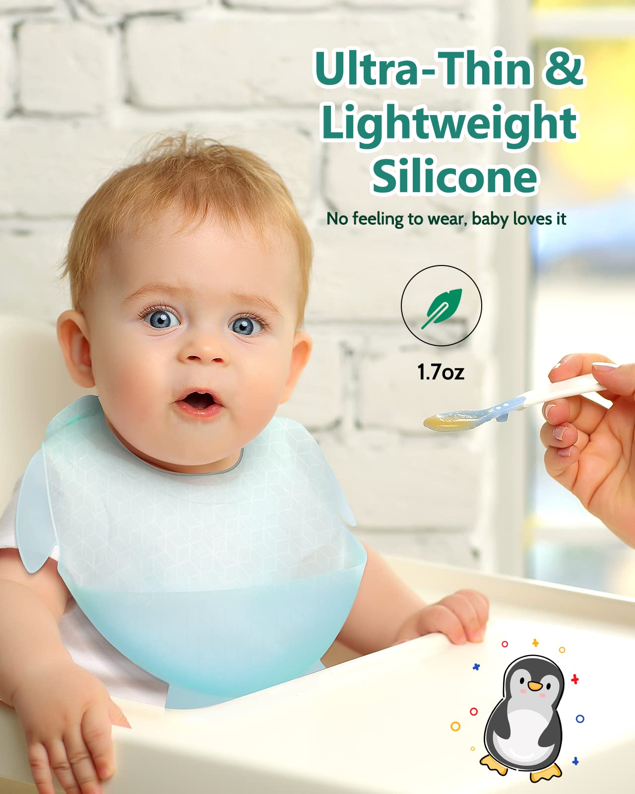 Lictin Silicone Bibs for Babies and Toddlers - 3 Pack Ultra-Thin Lightweight Silicone Baby Bibs for Boy and Girl, Unisex, Waterproof Feeding Bibs Adjustable Soft (6-36 Months)